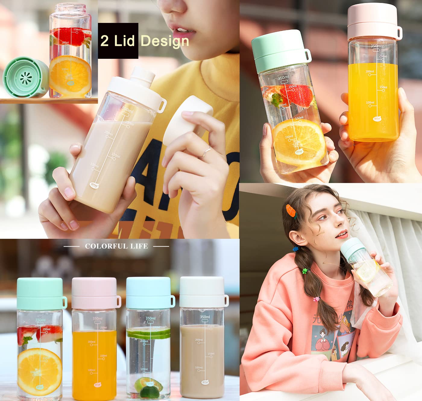 SEAYIN 12oz Kids Small Water Bottle for School Lunch Plastic Reusable Juice Bulk Cute Mini Kawaii Crunch Cups Portable Cereal Refillable Milk Mug for Smoothie Coffee Tea Snacks and Other Drinks Beverage (350ml, 4 pcs)