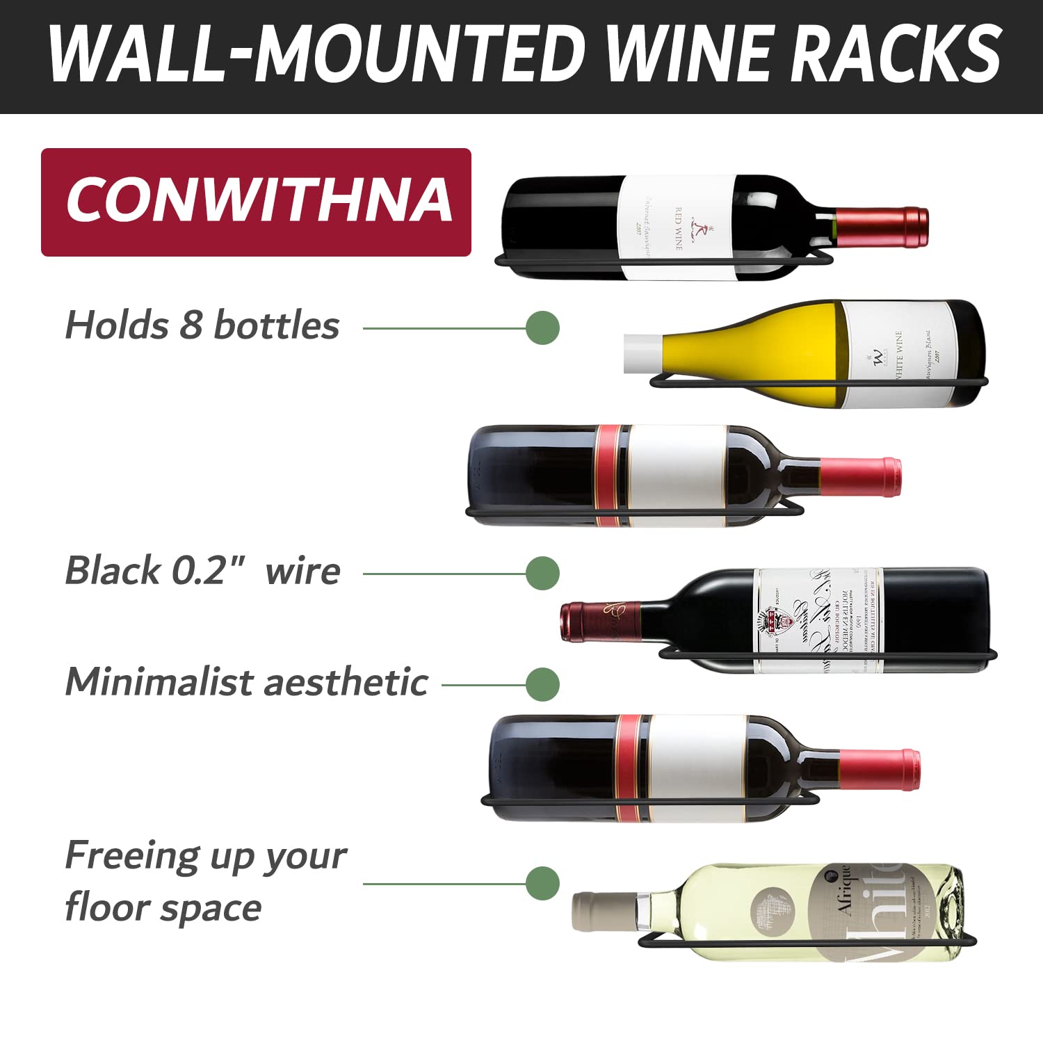 Wall Mount Wine Rack Holds 8 Bottles for Wall Hanging Wine Racks Organizer with Screws Display Simple Storage Wall Organization for Wine or Spirits Hanger Dining Room Kitchen Horizontal