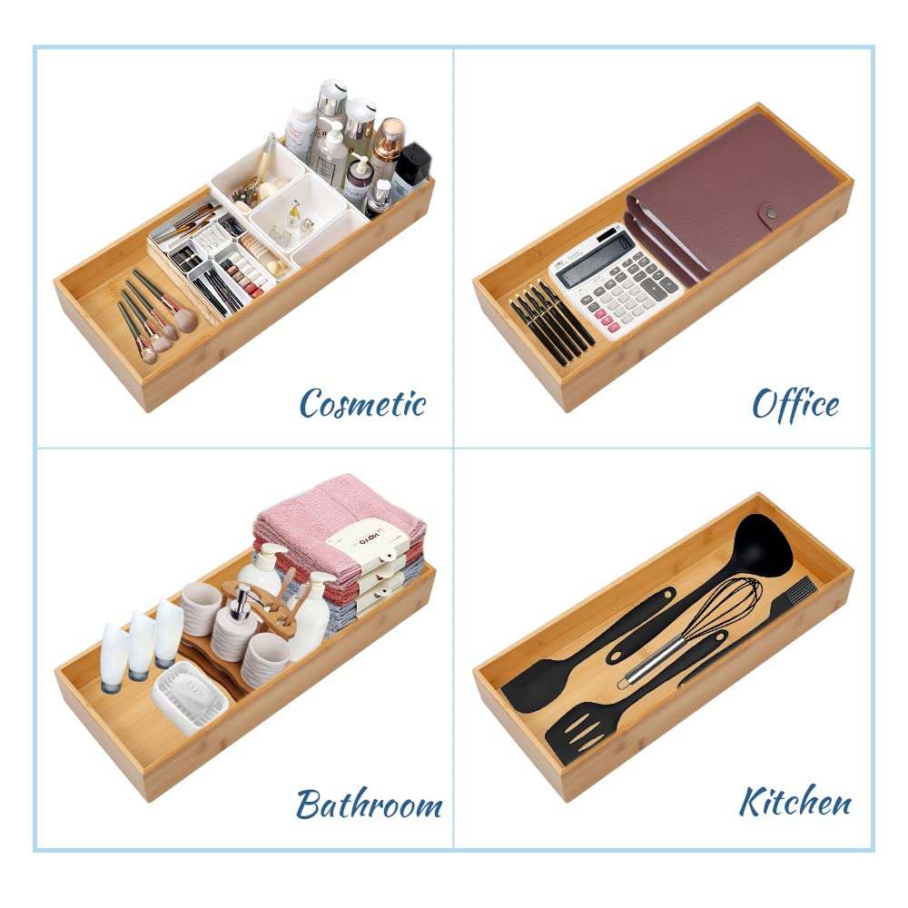PRATIQUE Bamboo Drawer Organizer - Kitchen Utensil Organizer Silverware Tray Cutlery Holder,Office Desk Supplies and Accessories (12x3x2.6 inch)