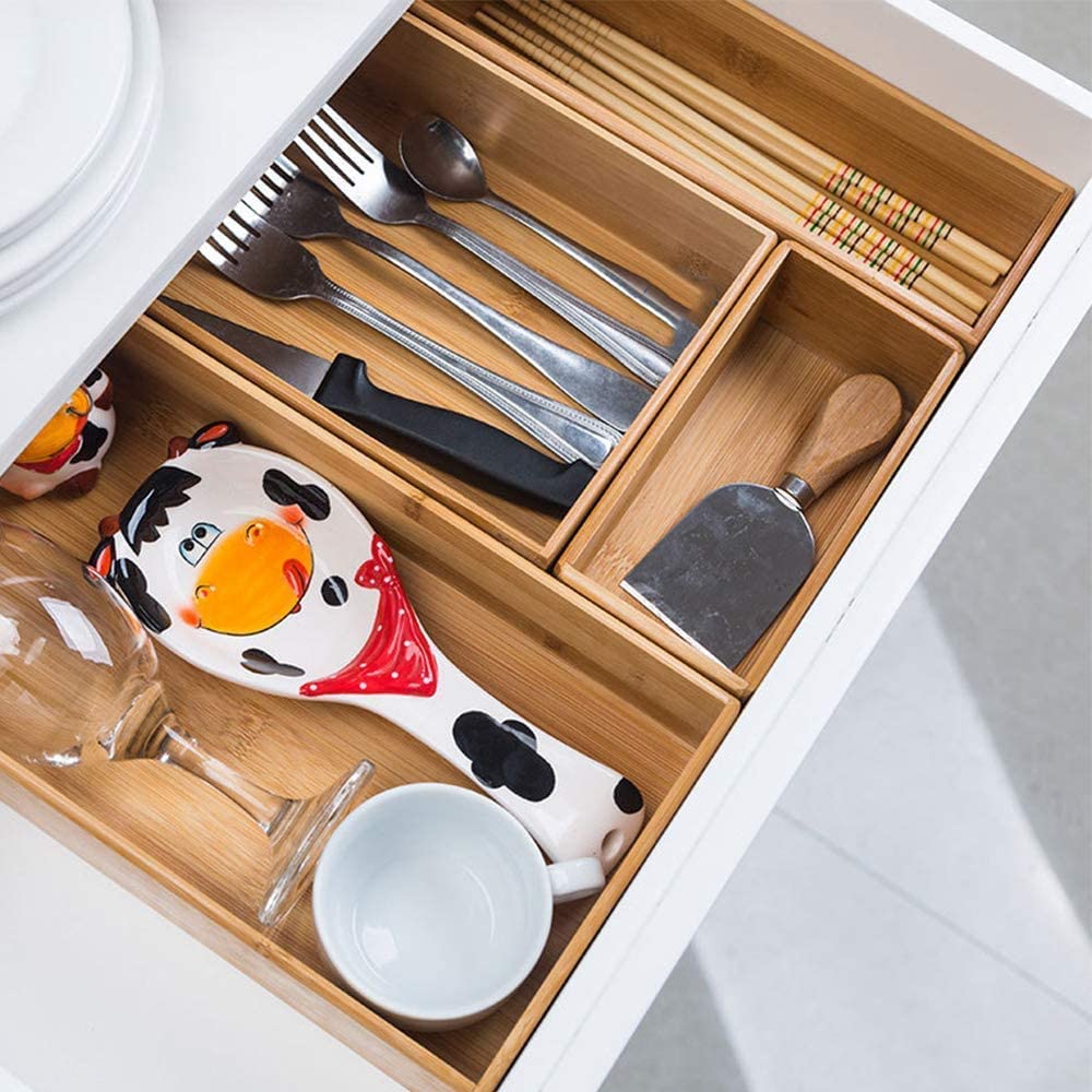 PRATIQUE Bamboo Drawer Organizer - Kitchen Utensil Organizer Silverware Tray Cutlery Holder,Office Desk Supplies and Accessories (12x3x2.6 inch)