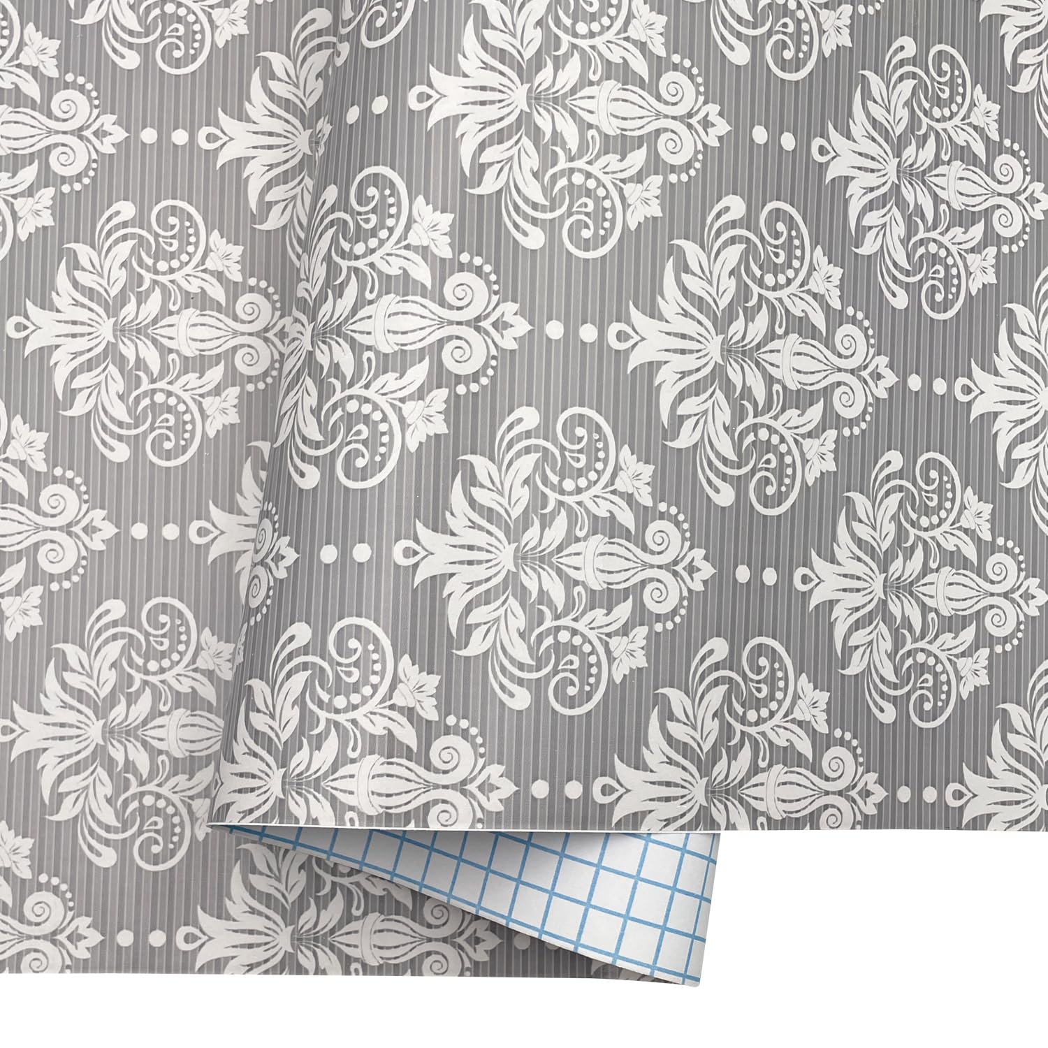 Yifely Gray-White Damask Shelf Liner Peel & Stick PVC Drawer Paper Covering Apartment Old Cabinets Shelves 17.7 Inch by 9.8 Feet Removable Countertop Decor