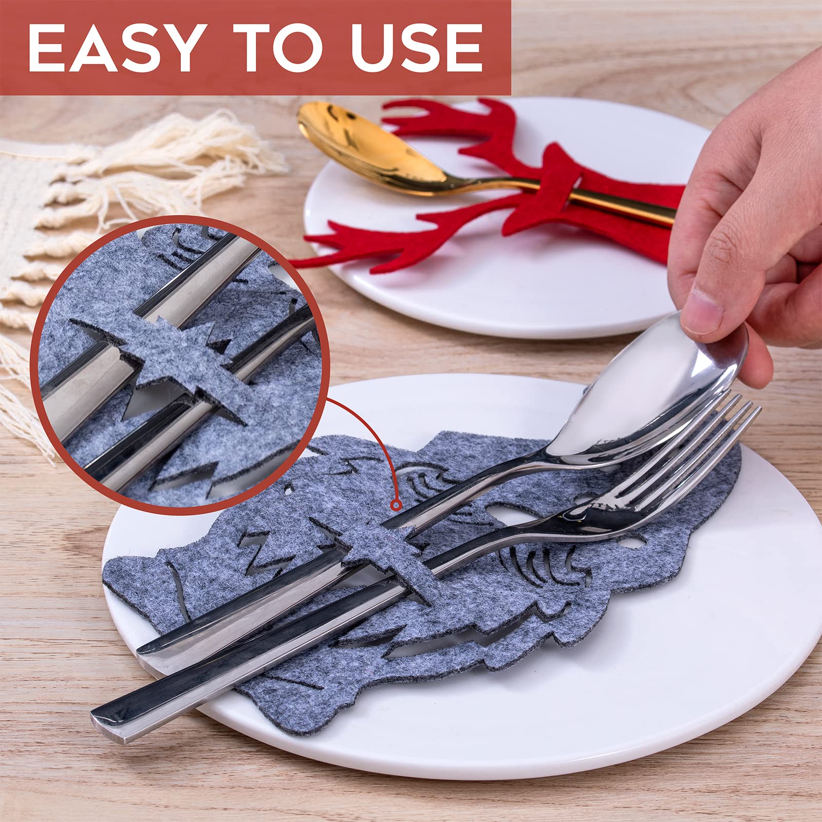 Christmas Cutlery Decoration, 12PCS Christmas Cutlery Bag Silverware Tableware Holder Knife Fork Bag Pouch Decor for Home Dinner Table, Festival Holiday Party, Christmas Tree Decoration (Elk-red)