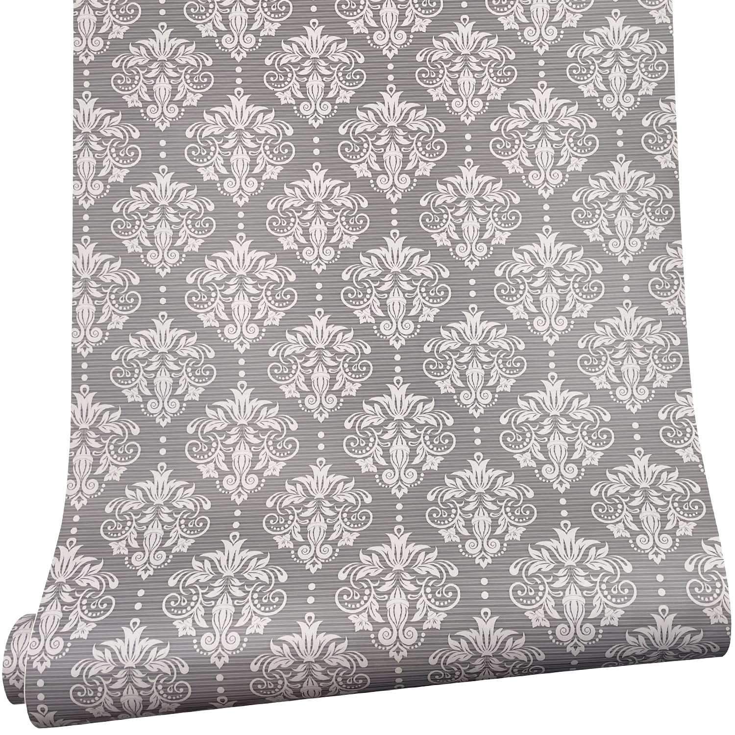 Yifely Gray-White Damask Shelf Liner Peel & Stick PVC Drawer Paper Covering Apartment Old Cabinets Shelves 17.7 Inch by 9.8 Feet Removable Countertop Decor