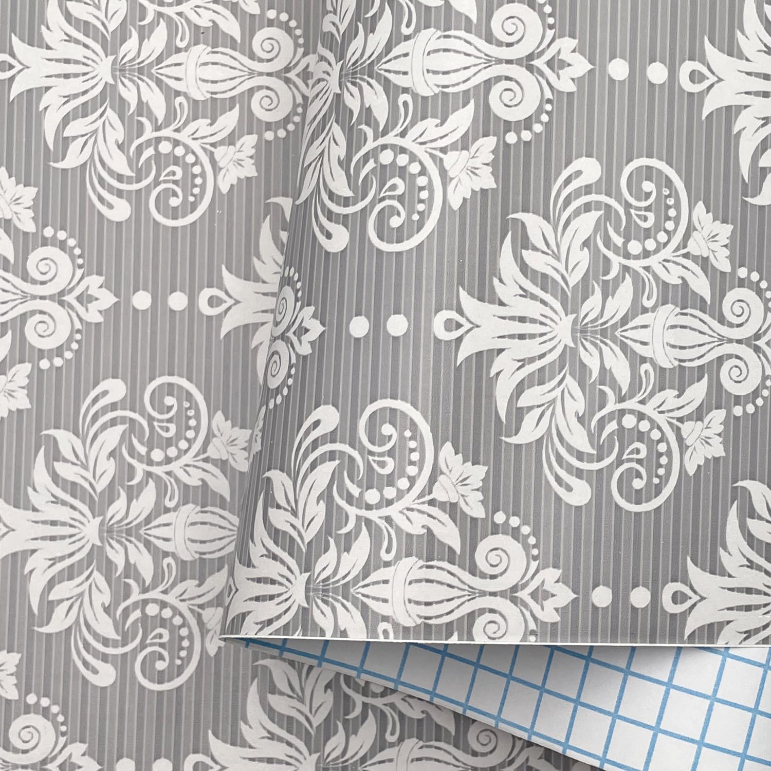 Yifely Gray-White Damask Shelf Liner Peel & Stick PVC Drawer Paper Covering Apartment Old Cabinets Shelves 17.7 Inch by 9.8 Feet Removable Countertop Decor