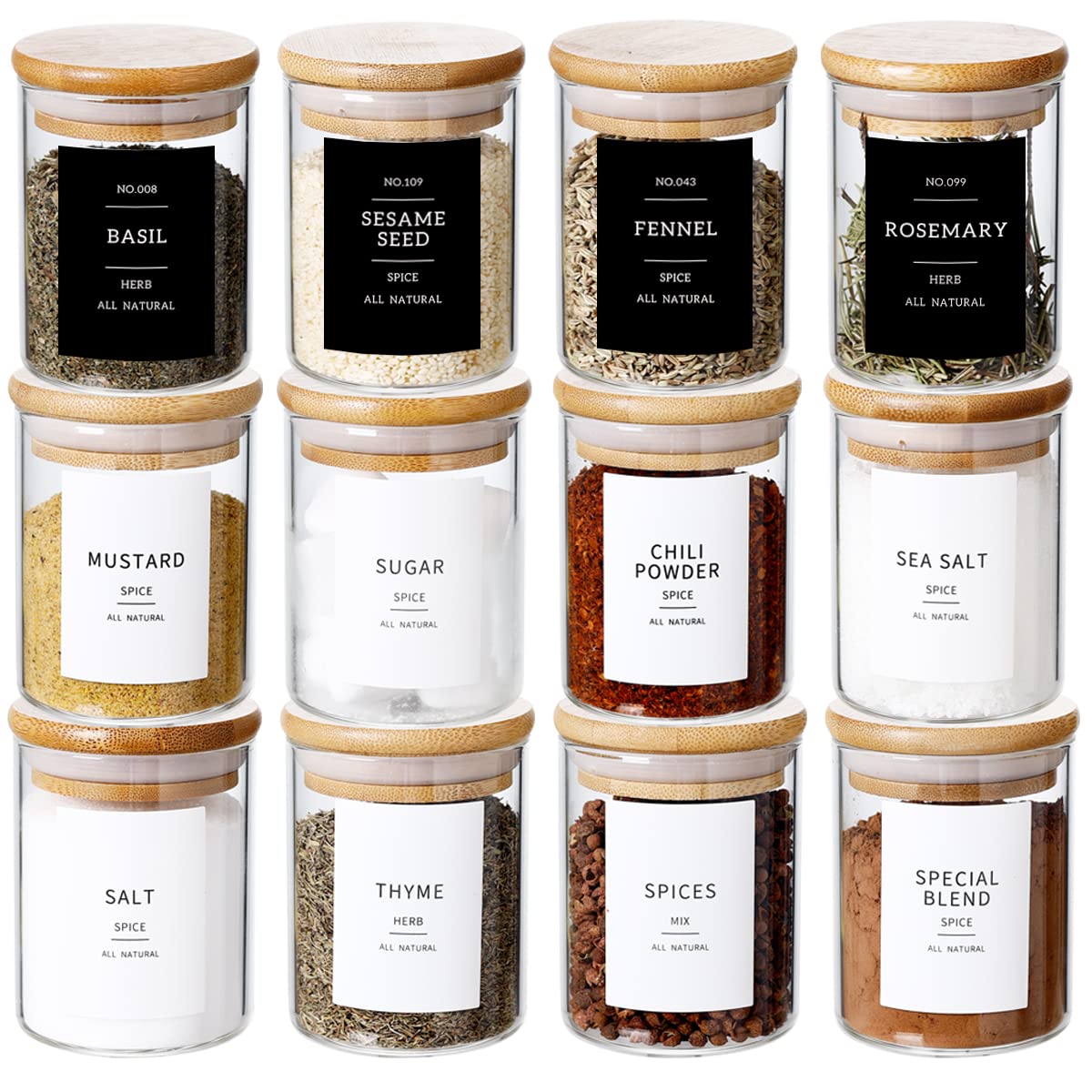 CZZGSM 24 Pcs Glass Spice Jars With 296 Spice Labels Preprinted of White and Black Color- 4oz Thicken(2.4mm) Spice Containers With Bamboo Airtight Lids - Empty Small Herb Seasoning Jars
