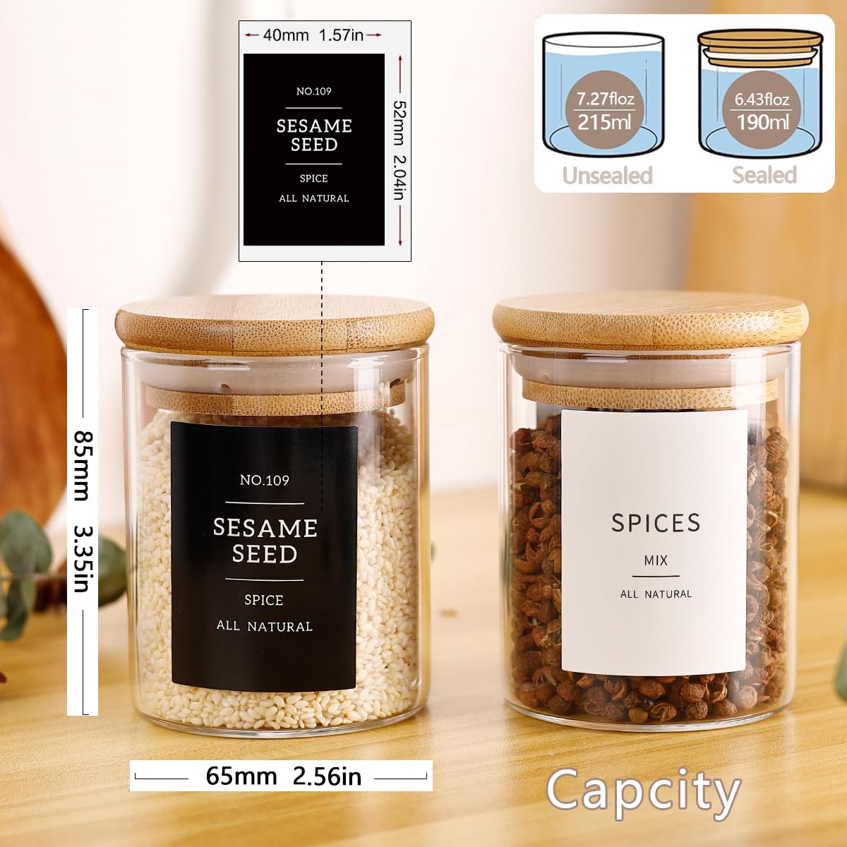 CZZGSM 24 Pcs Glass Spice Jars With 296 Spice Labels Preprinted of White and Black Color- 4oz Thicken(2.4mm) Spice Containers With Bamboo Airtight Lids - Empty Small Herb Seasoning Jars