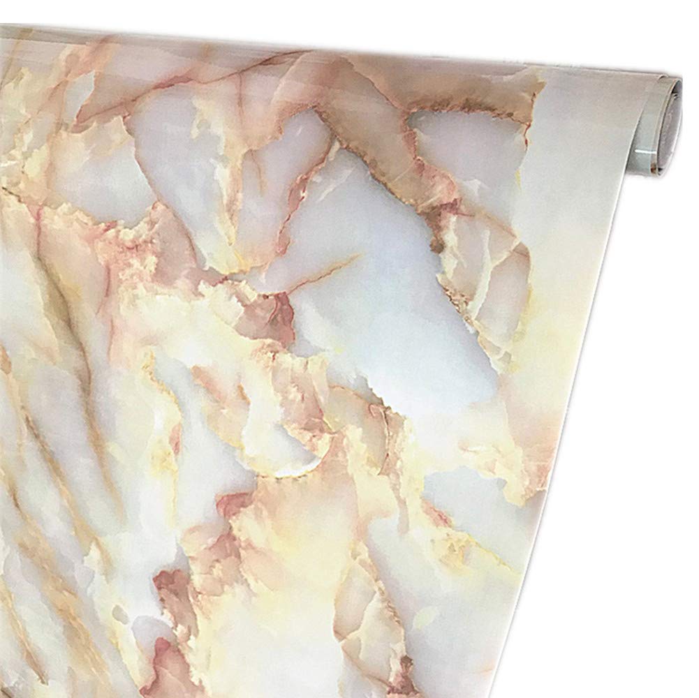 Yija Self Adhesive Granite White Pink Jade Look Marble Gloss Film Vinyl Counter Top Peel and Stick Wall Decal 15.6inch by 79inch
