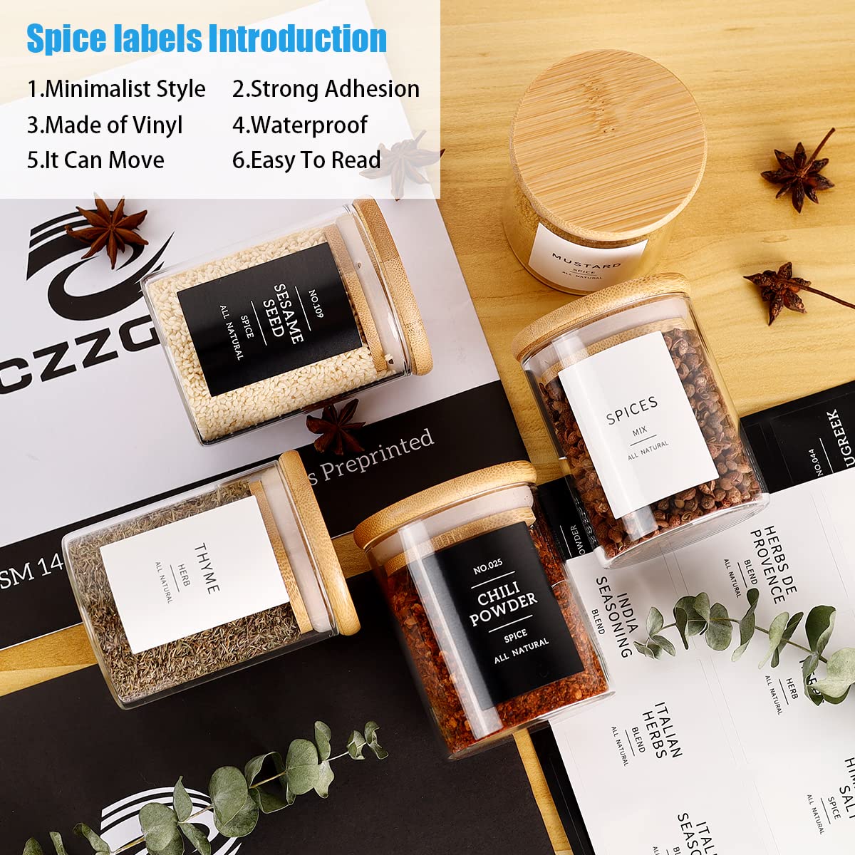 CZZGSM 24 Pcs Glass Spice Jars With 296 Spice Labels Preprinted of White and Black Color- 4oz Thicken(2.4mm) Spice Containers With Bamboo Airtight Lids - Empty Small Herb Seasoning Jars