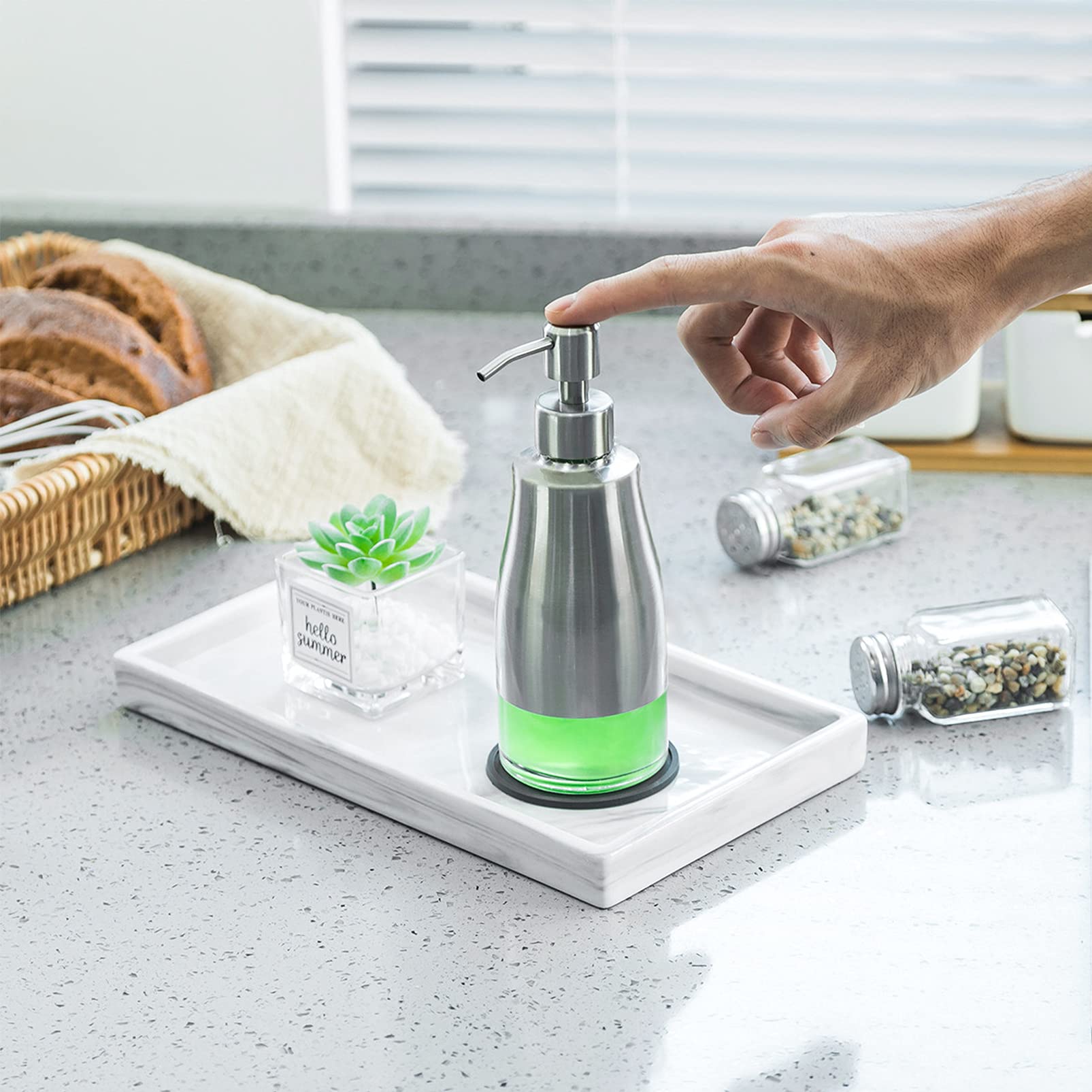 Gaussra Soap Dispenser with Non-Slip Coaster,Brushed Nickel Stainless Steel Case Glass Liner Hand Pump Dispenser,Refillable Liquid Hand Soap Dispenser for Bathroom & Kitchen (11OZ / 320ML)