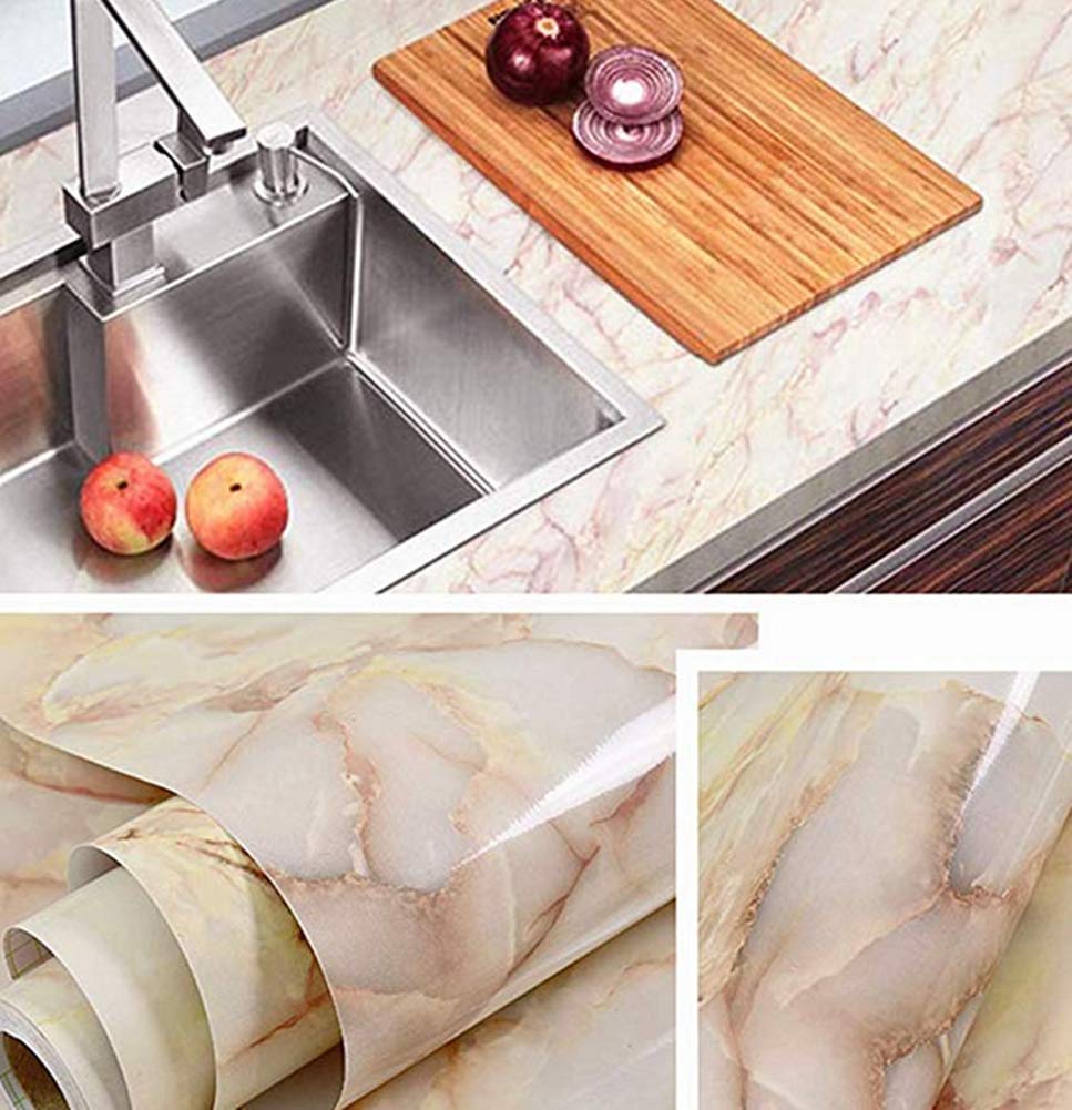 Yija Self Adhesive Granite White Pink Jade Look Marble Gloss Film Vinyl Counter Top Peel and Stick Wall Decal 15.6inch by 79inch