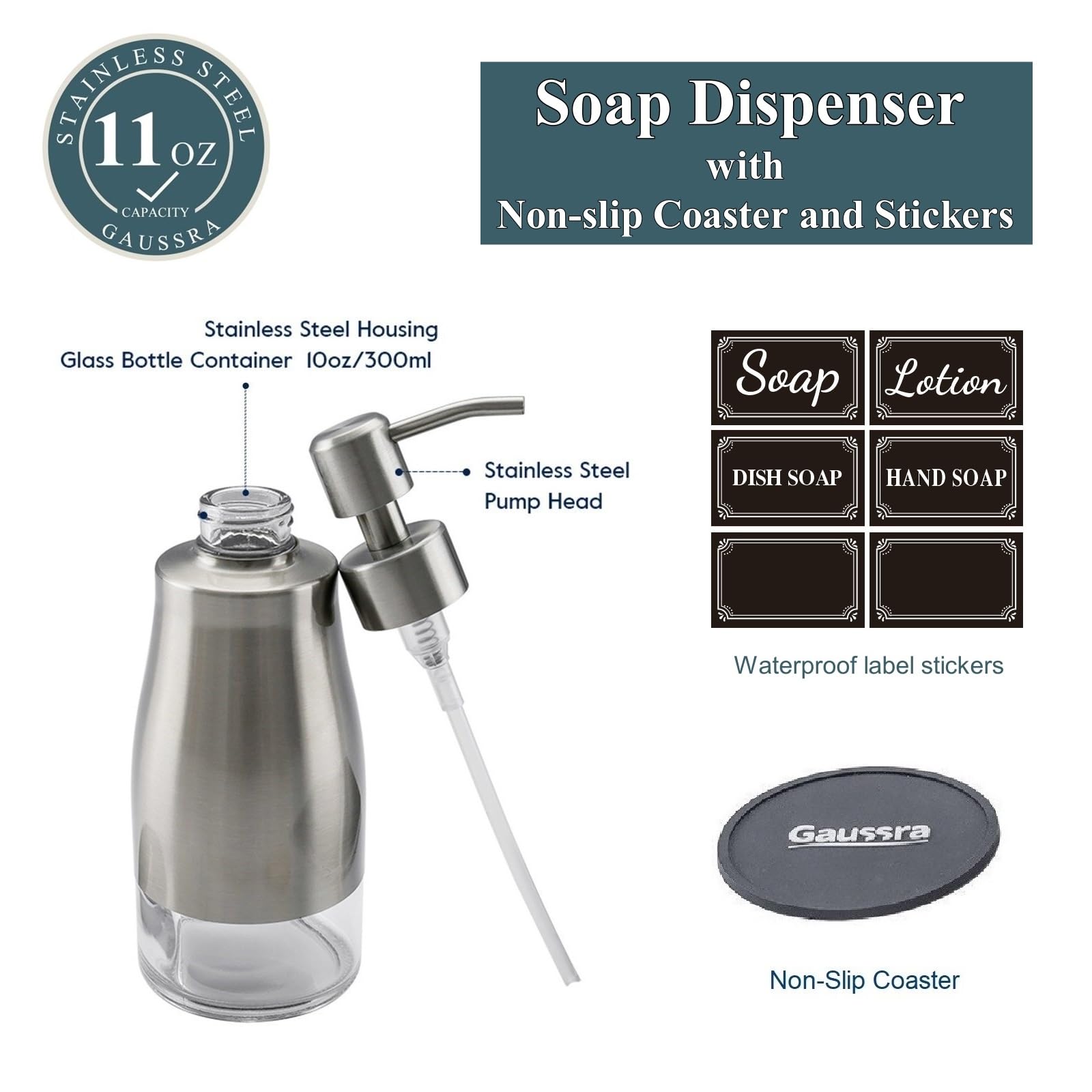 Gaussra Soap Dispenser with Non-Slip Coaster,Brushed Nickel Stainless Steel Case Glass Liner Hand Pump Dispenser,Refillable Liquid Hand Soap Dispenser for Bathroom & Kitchen (11OZ / 320ML)