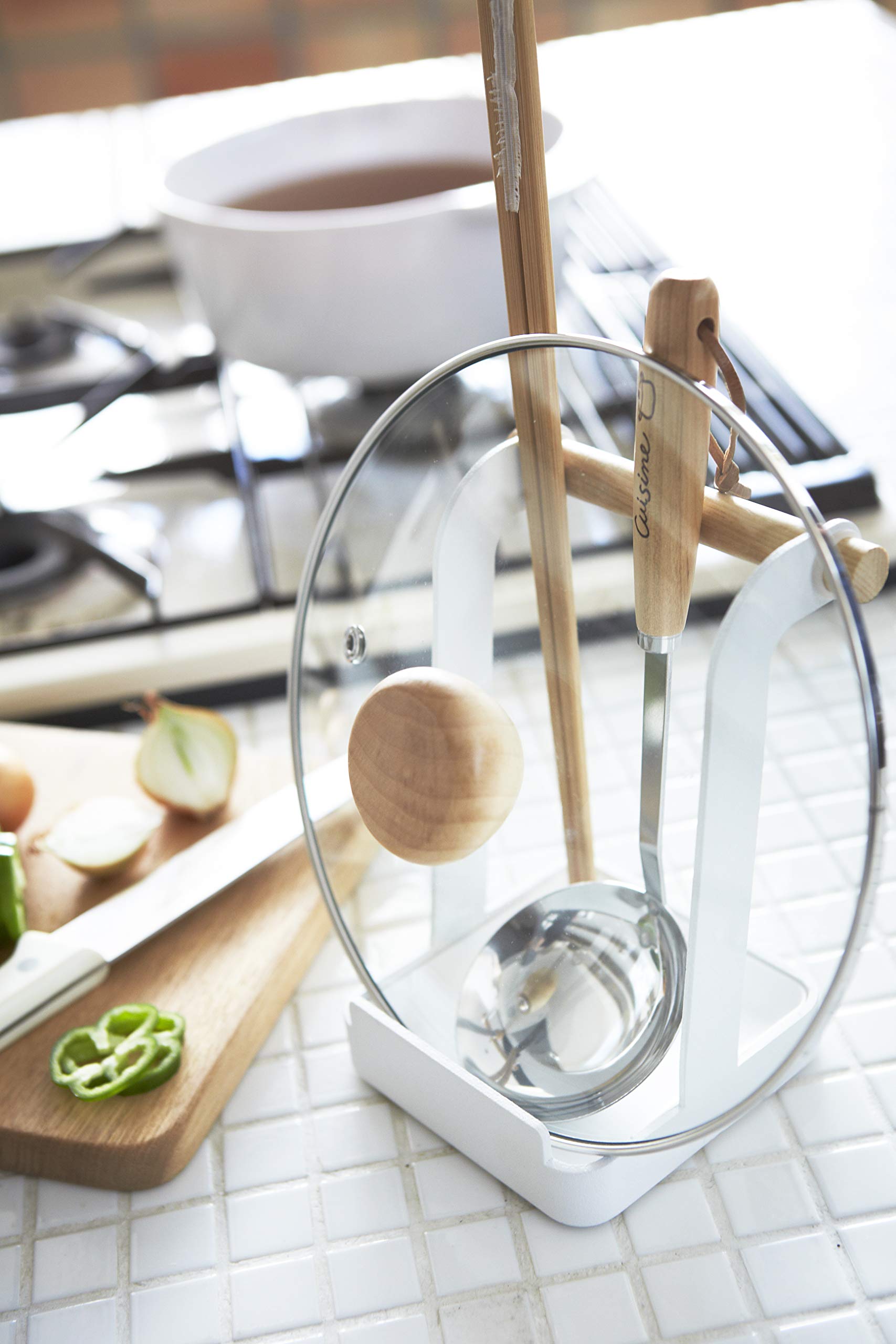 Yamazaki Home Ladle & Lid Rest - Kitchen Utensil Organizer Stand For Cooking, Steel + Wood, Water Resistant, No Assembly Req.