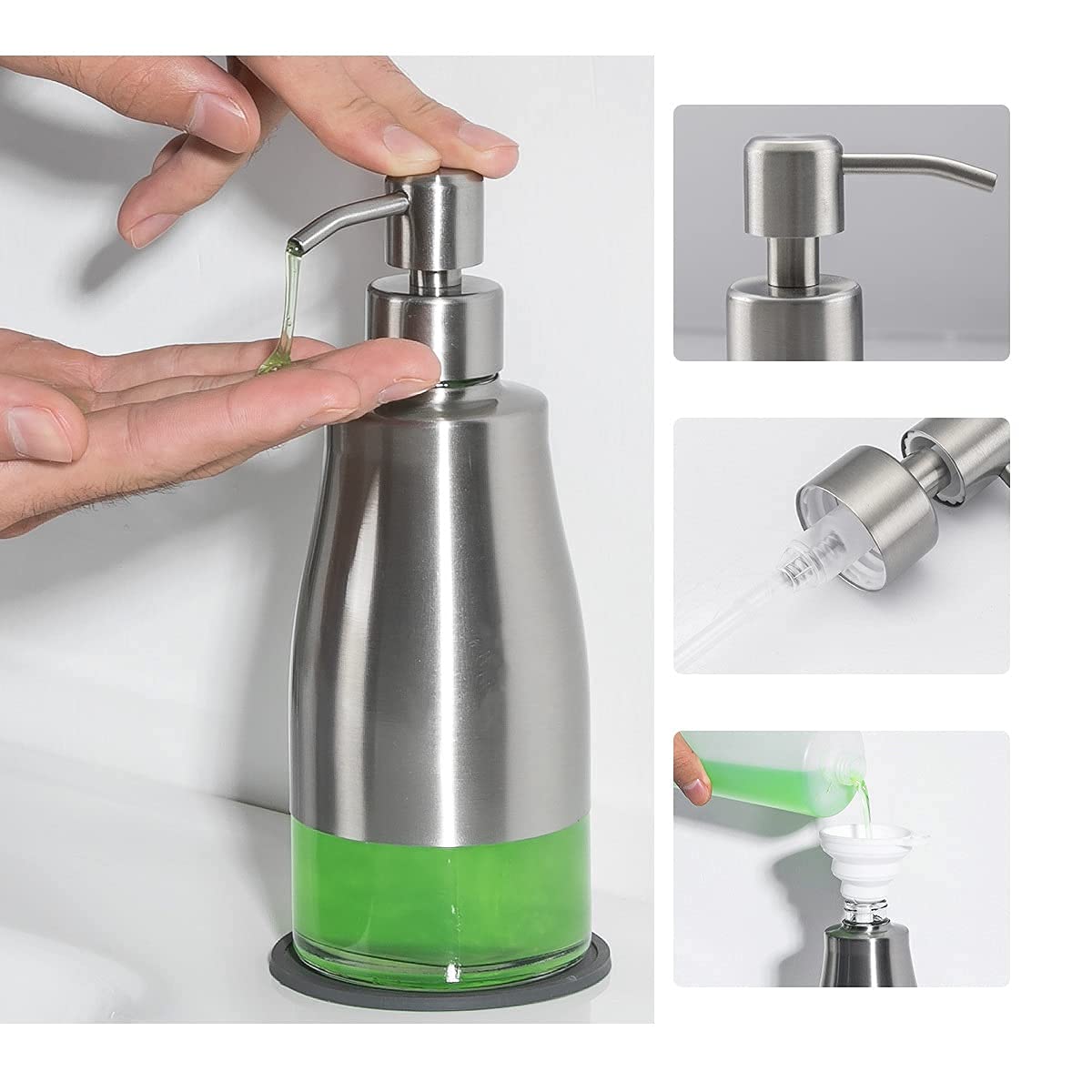 Gaussra Soap Dispenser with Non-Slip Coaster,Brushed Nickel Stainless Steel Case Glass Liner Hand Pump Dispenser,Refillable Liquid Hand Soap Dispenser for Bathroom & Kitchen (11OZ / 320ML)