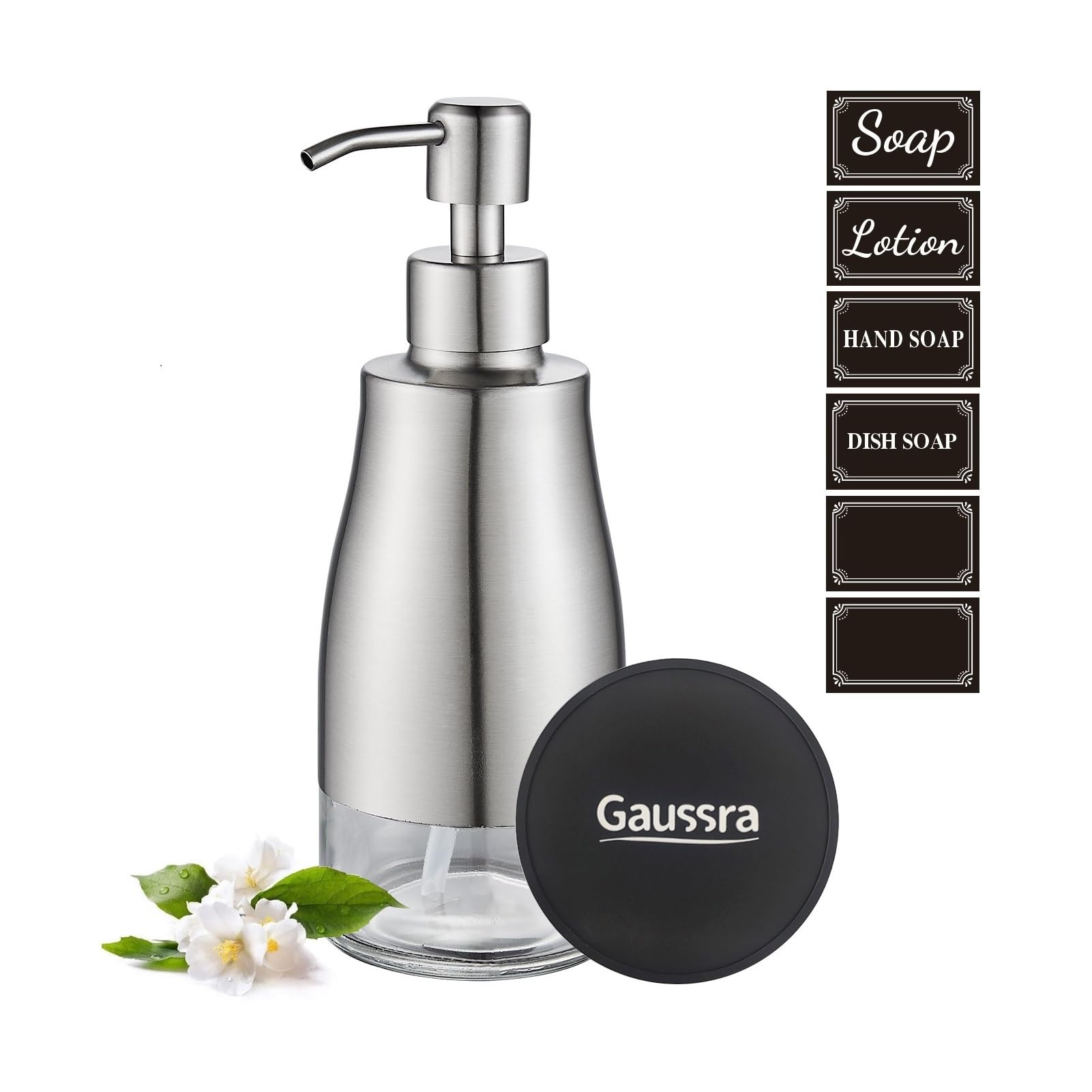 Gaussra Soap Dispenser with Non-Slip Coaster,Brushed Nickel Stainless Steel Case Glass Liner Hand Pump Dispenser,Refillable Liquid Hand Soap Dispenser for Bathroom & Kitchen (11OZ / 320ML)