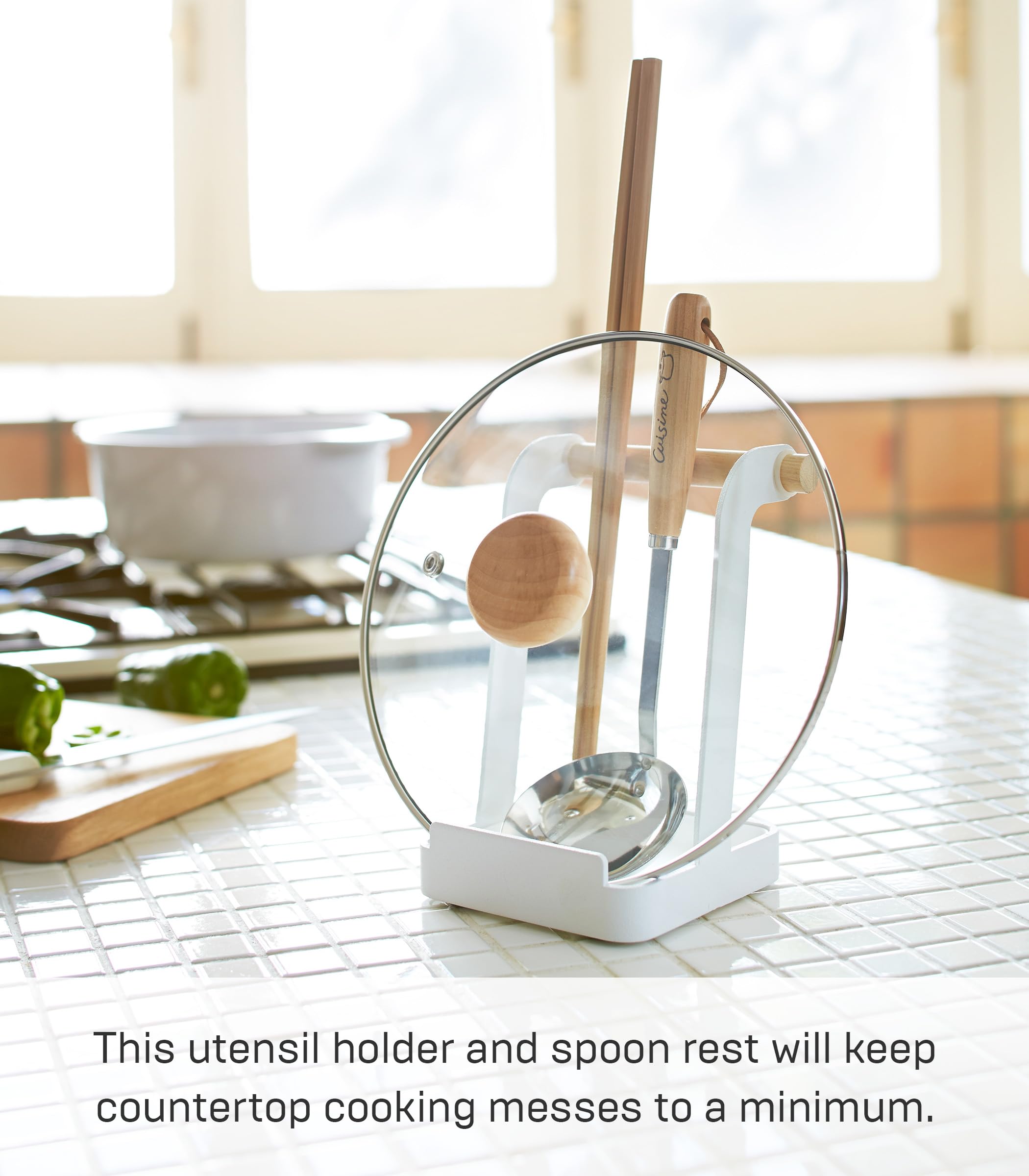 Yamazaki Home Ladle & Lid Rest - Kitchen Utensil Organizer Stand For Cooking, Steel + Wood, Water Resistant, No Assembly Req.