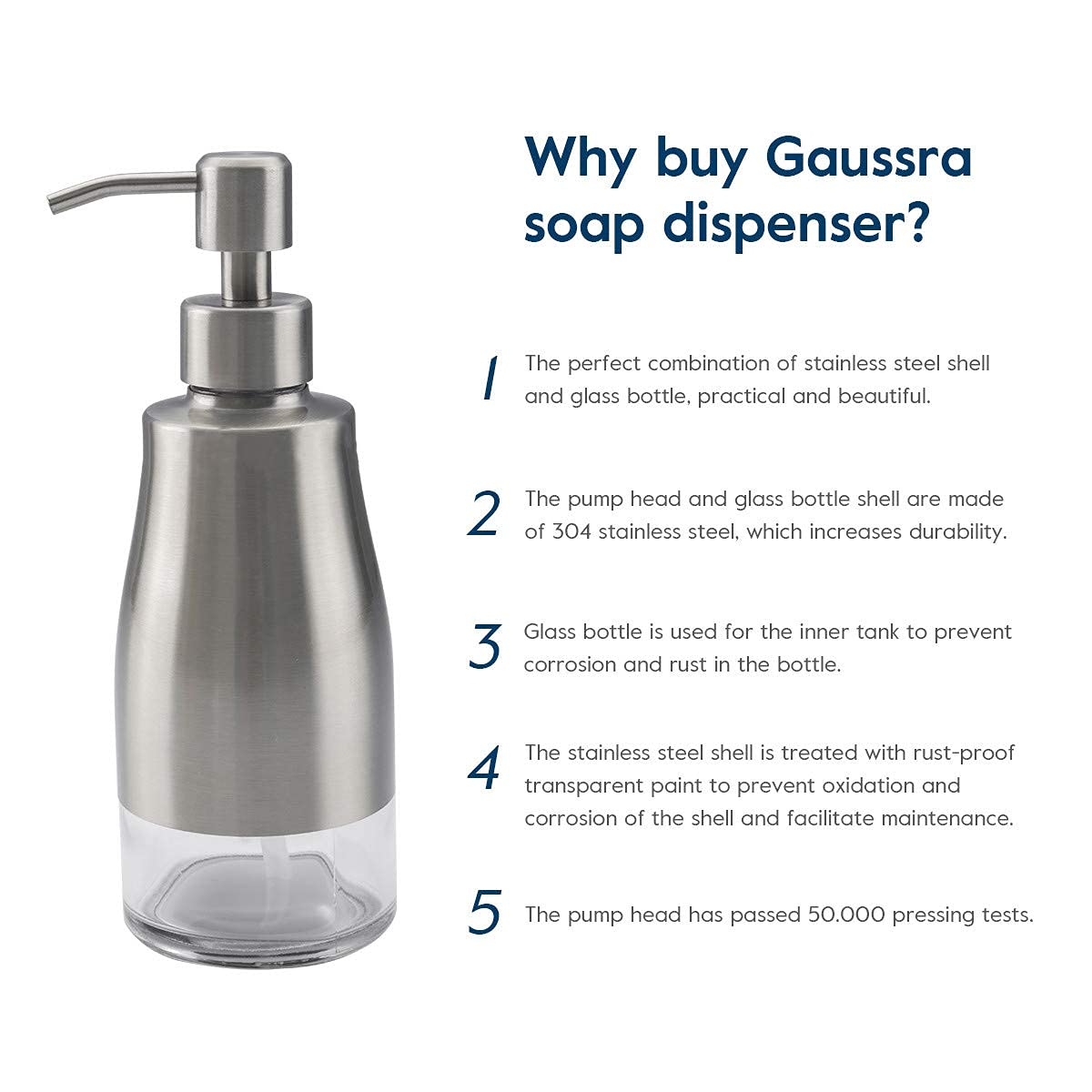 Gaussra Soap Dispenser with Non-Slip Coaster,Brushed Nickel Stainless Steel Case Glass Liner Hand Pump Dispenser,Refillable Liquid Hand Soap Dispenser for Bathroom & Kitchen (11OZ / 320ML)