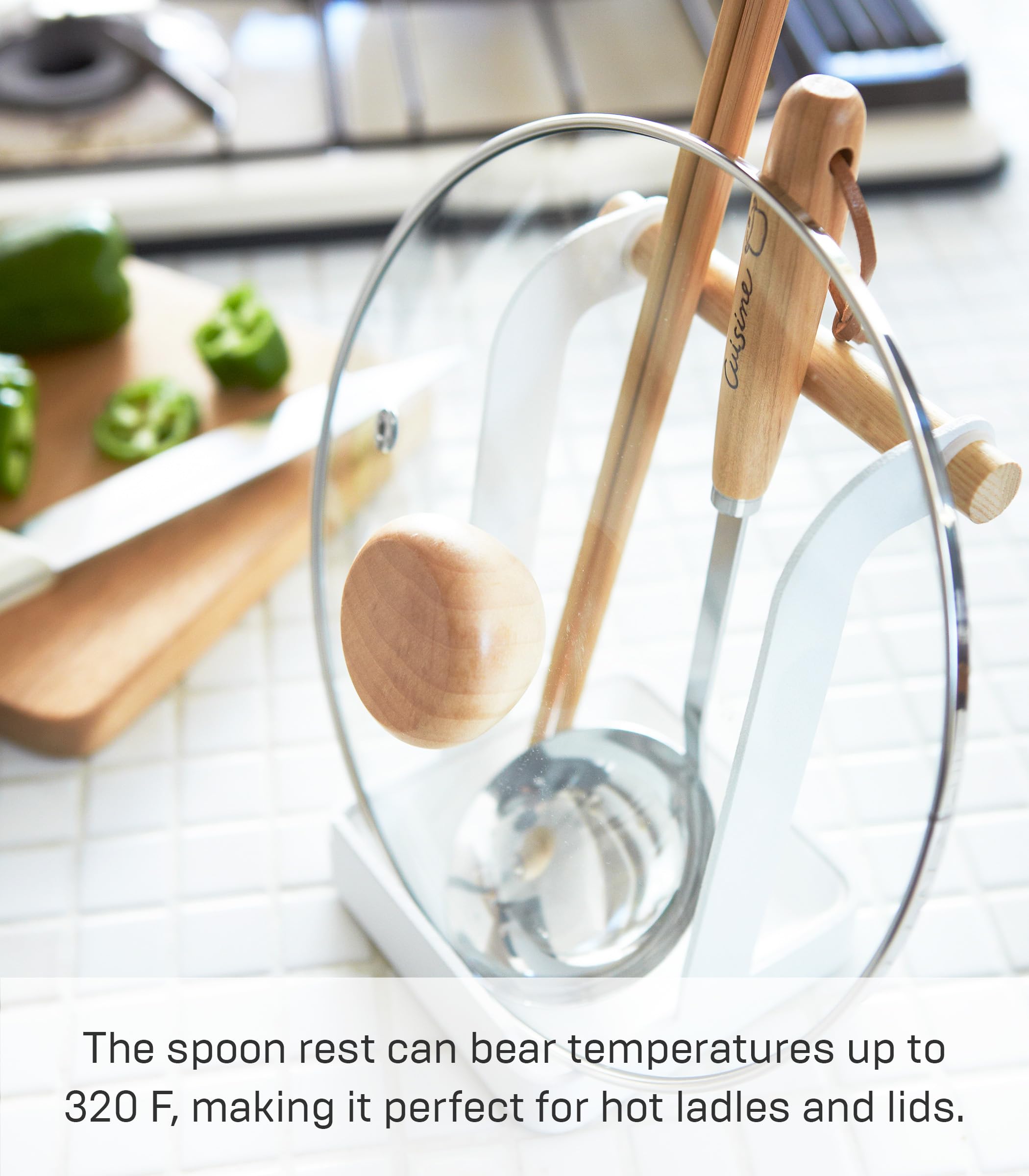 Yamazaki Home Ladle & Lid Rest - Kitchen Utensil Organizer Stand For Cooking, Steel + Wood, Water Resistant, No Assembly Req.