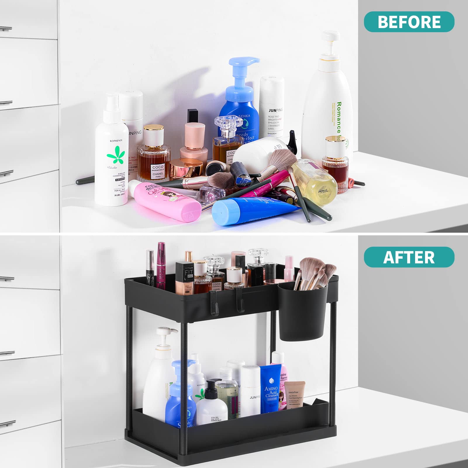 HNNJCK 2 Tier Under Kitchen Sink Organizers and Storage, Bathroom Cabinet Storage Organizer, Sliding Drawer Pull Out Undersink Organizer Countertop Shelf with 4 Hooks, 1 Hanging Cup