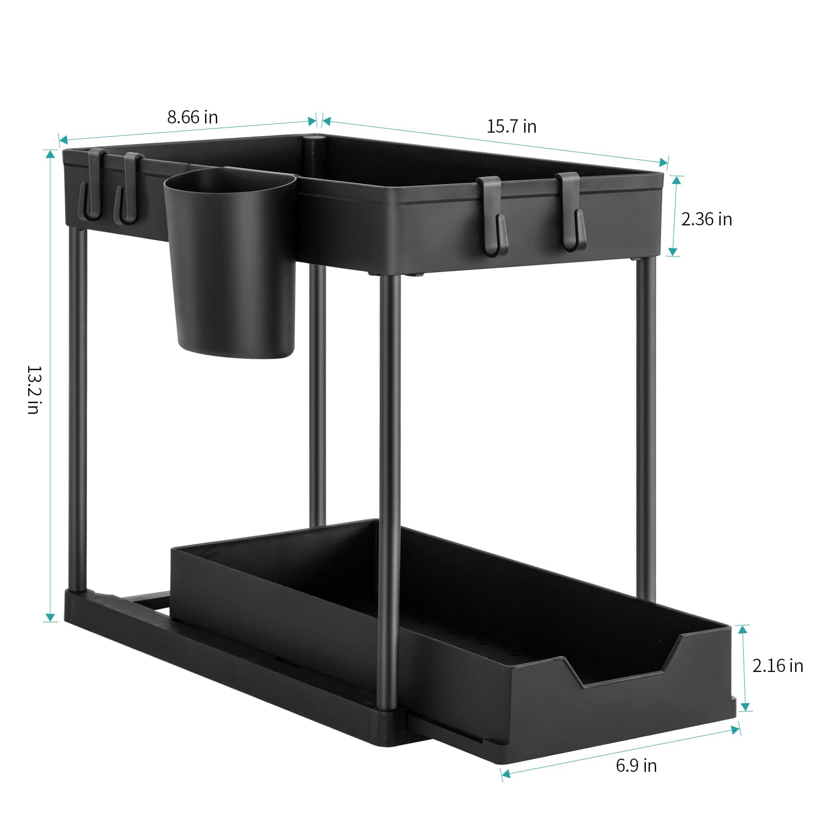HNNJCK 2 Tier Under Kitchen Sink Organizers and Storage, Bathroom Cabinet Storage Organizer, Sliding Drawer Pull Out Undersink Organizer Countertop Shelf with 4 Hooks, 1 Hanging Cup