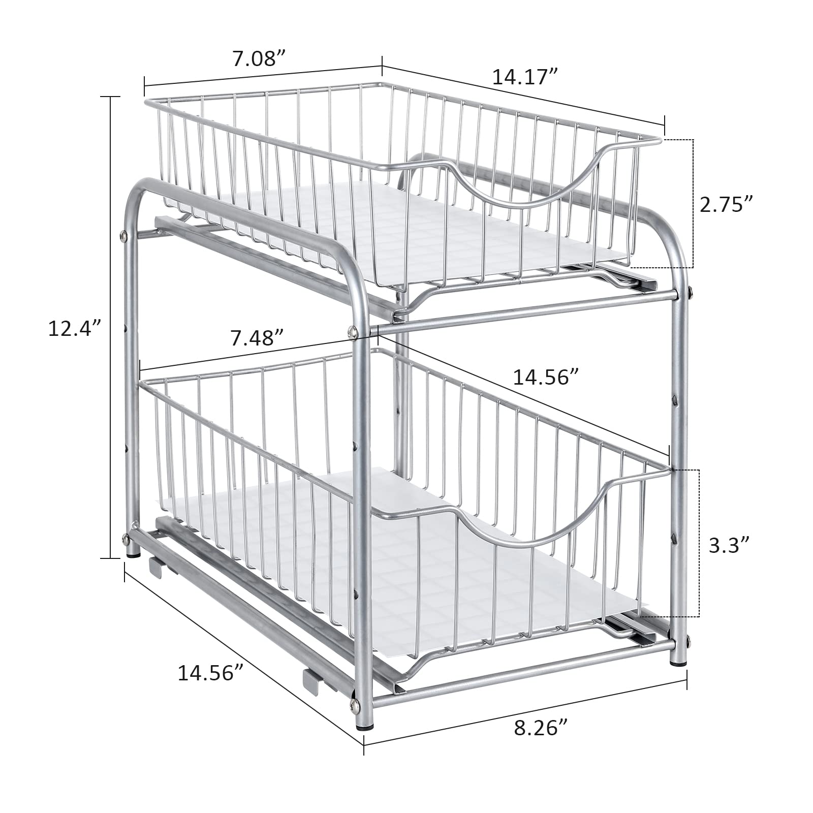 MOOACE 2 Pack Stackable 2-Tier Under Sink Cabinet Organizer with Sliding Storage Drawer, Sliding Basket Organizer for Kitchen, Bathroom, Pantry, Cabinet, Silver