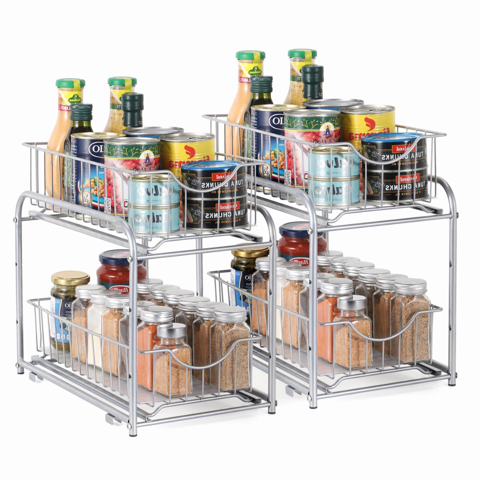 MOOACE 2 Pack Stackable 2-Tier Under Sink Cabinet Organizer with Sliding Storage Drawer, Sliding Basket Organizer for Kitchen, Bathroom, Pantry, Cabinet, Silver