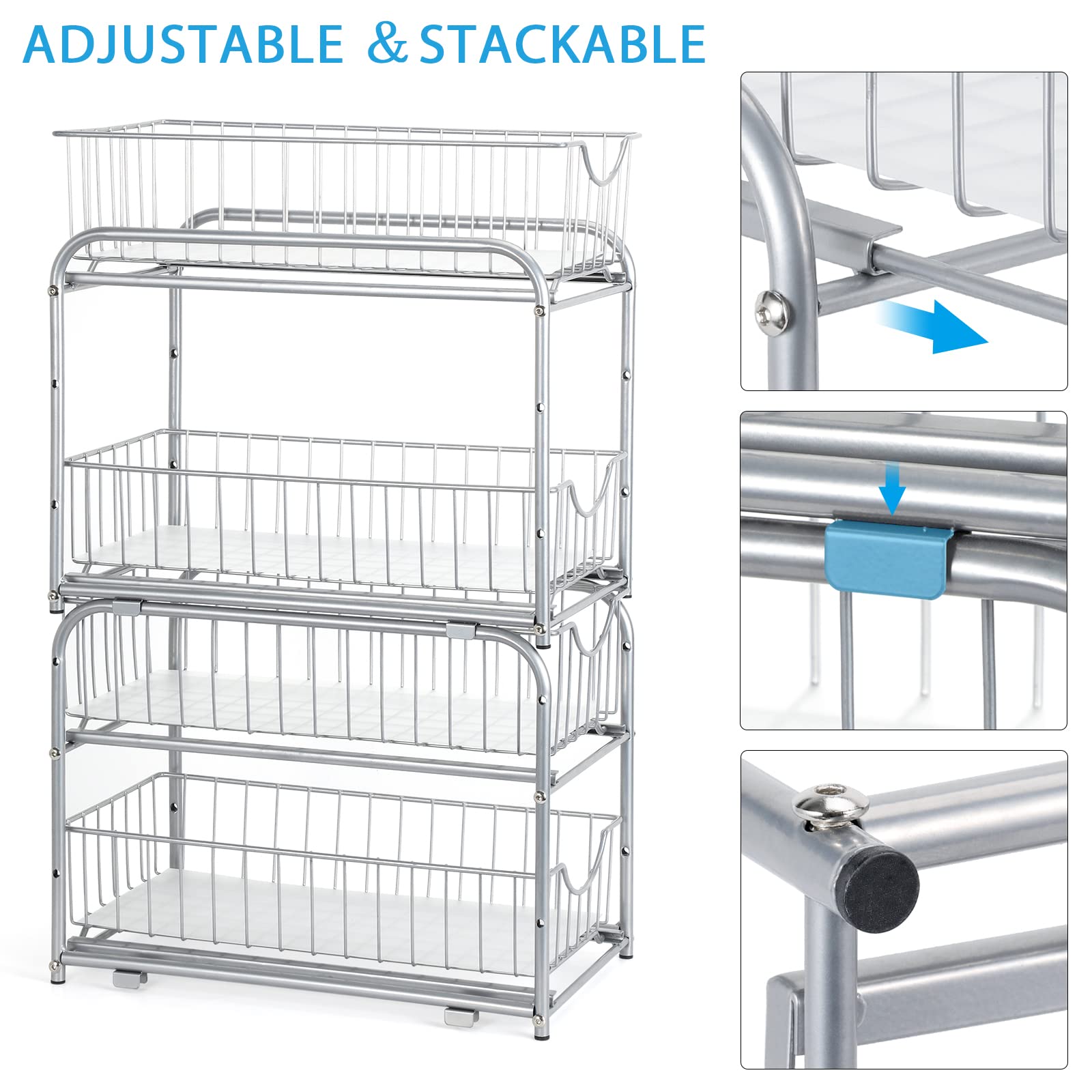 MOOACE 2 Pack Stackable 2-Tier Under Sink Cabinet Organizer with Sliding Storage Drawer, Sliding Basket Organizer for Kitchen, Bathroom, Pantry, Cabinet, Silver