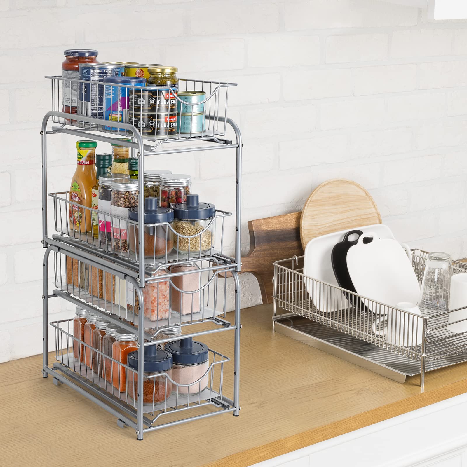 MOOACE 2 Pack Stackable 2-Tier Under Sink Cabinet Organizer with Sliding Storage Drawer, Sliding Basket Organizer for Kitchen, Bathroom, Pantry, Cabinet, Silver