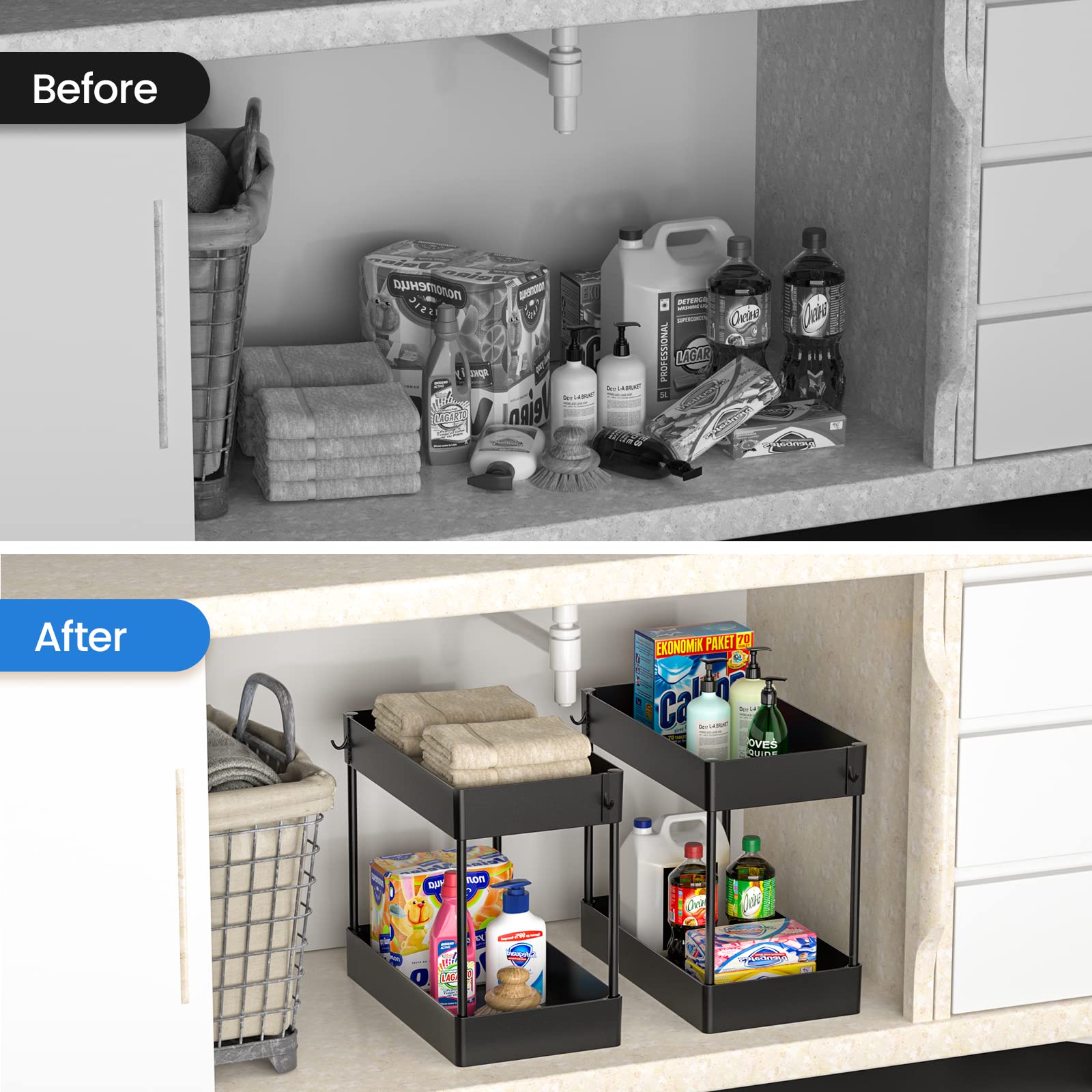 2 Pack Under Sink Organizer, Avaspot Under Sink Organizers and Storage Bathroom Shelf Organizer Rack Multi-purpose Bath Collection Baskets for Bathroom Kitchen Countertop and Cabinet