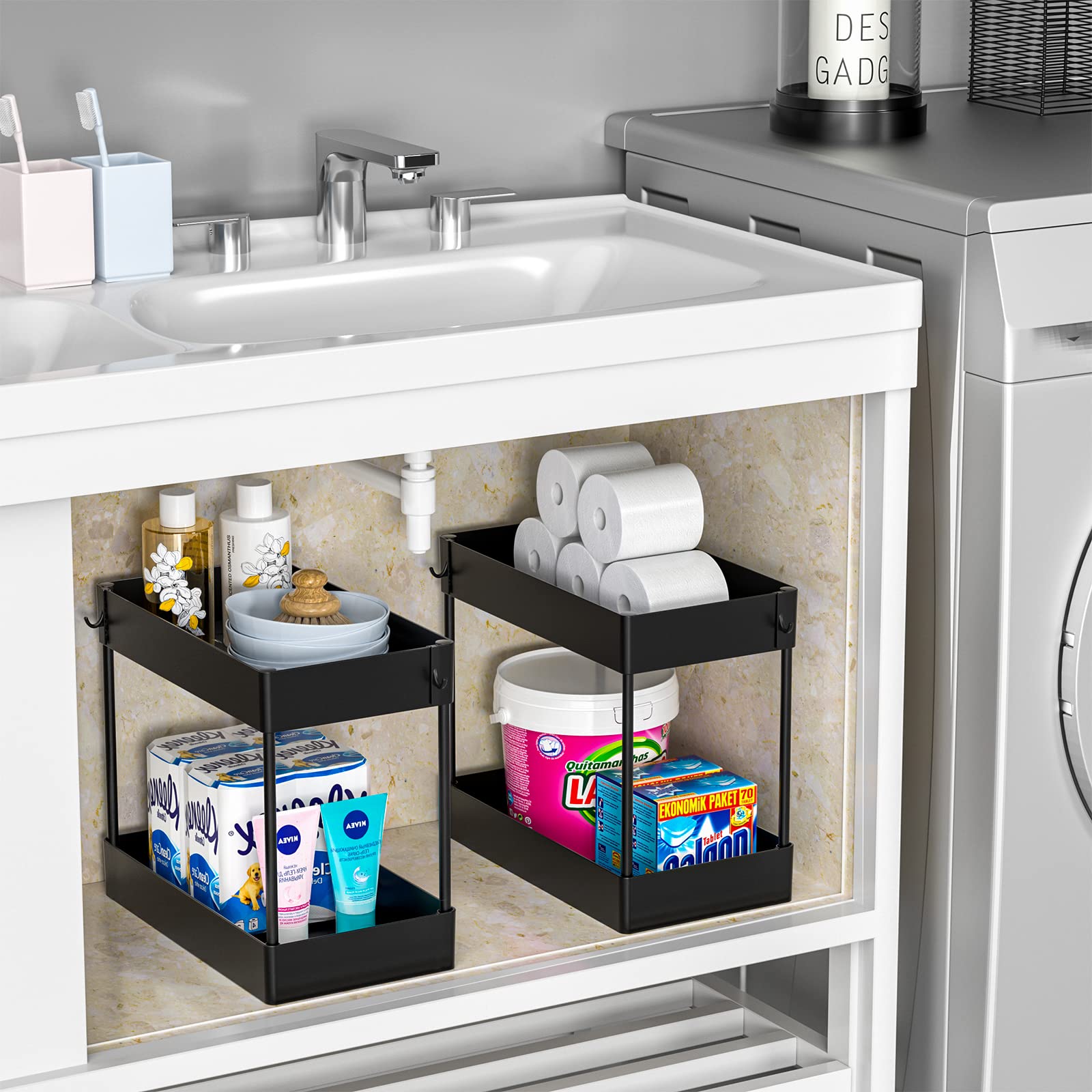 2 Pack Under Sink Organizer, Avaspot Under Sink Organizers and Storage Bathroom Shelf Organizer Rack Multi-purpose Bath Collection Baskets for Bathroom Kitchen Countertop and Cabinet
