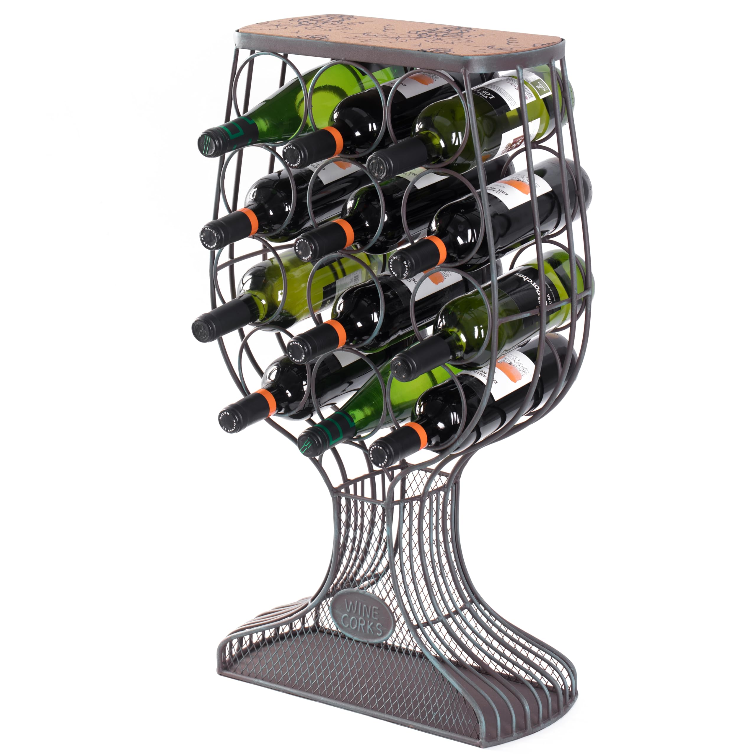 Vintage Decorative Wooden Metal Goblet Shaped Freestanding Wine Rack with Cork Holder