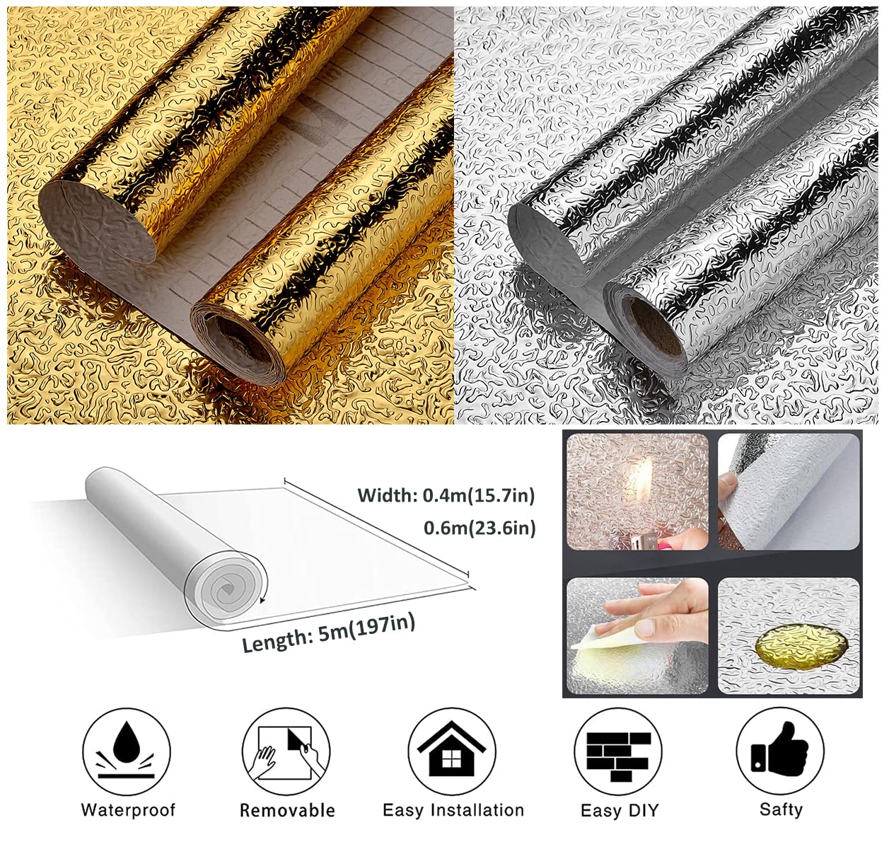 Kitchen Cabinet Oil Proof Wallpaper Stickers Kitchen Stickers Self Adhesive Kitchen Aluminum Foil Stickers Oil Proof Waterproof Kitchen Stove Sticker (A (23.6 in*197 in))