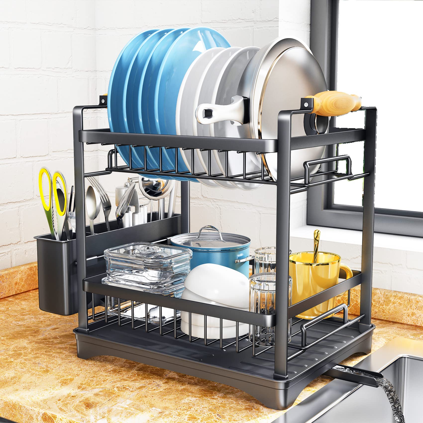 SNTD Dish Drying Rack, 2-Tier Dish Rack with Drainboard Auto Drain Spout, Kitchen Counter Dish Drainer with Utensil Holder Sink Caddy, Dish Dryer Rack Over Sink Organizer Black