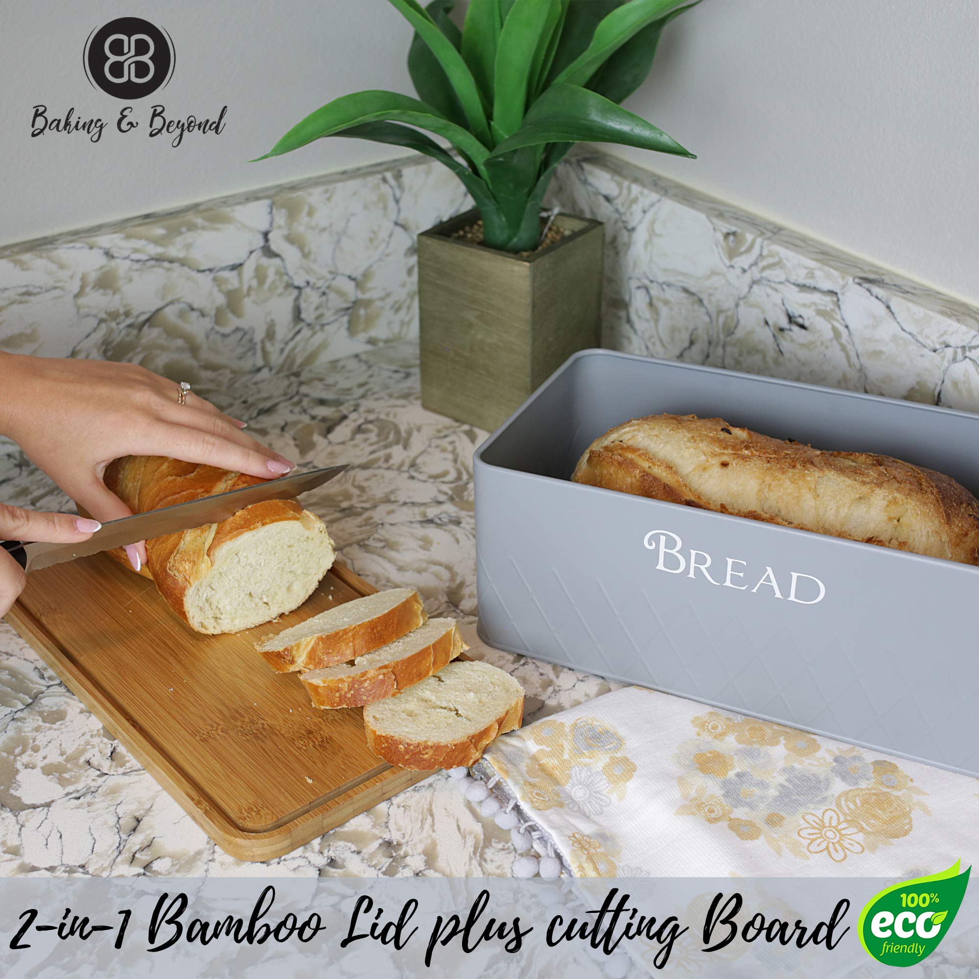 Baking & Beyond Bread Box with Bamboo Cutting Board Lid, 13"x7.5"x5" Space-Saving Bread Box for Kitchen Countertop, Bread Storage Container Holder, Bread Keeper Bin - Fresh Loaves, Black
