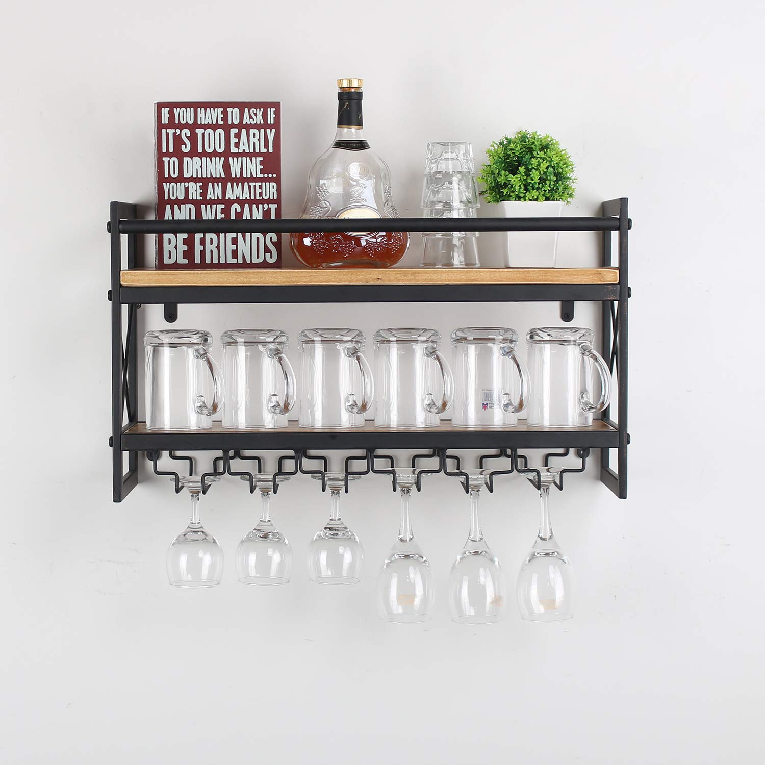 OISSIO Industrial Stemware Rack Wall Mounted,Wine Rack with Wood Shelves,2 Tier Stemware Storage with 6 Stem Glass Holder for Wine Glasses,Mugs,Home Decor,Black(24 inch)