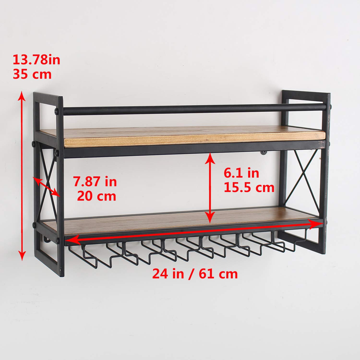 OISSIO Industrial Stemware Rack Wall Mounted,Wine Rack with Wood Shelves,2 Tier Stemware Storage with 6 Stem Glass Holder for Wine Glasses,Mugs,Home Decor,Black(24 inch)