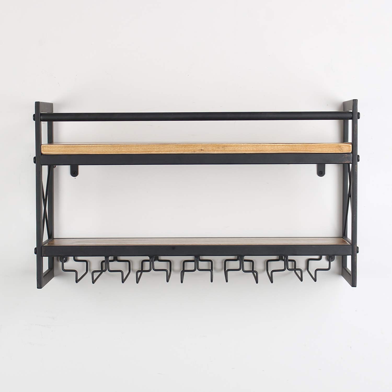 OISSIO Industrial Stemware Rack Wall Mounted,Wine Rack with Wood Shelves,2 Tier Stemware Storage with 6 Stem Glass Holder for Wine Glasses,Mugs,Home Decor,Black(24 inch)