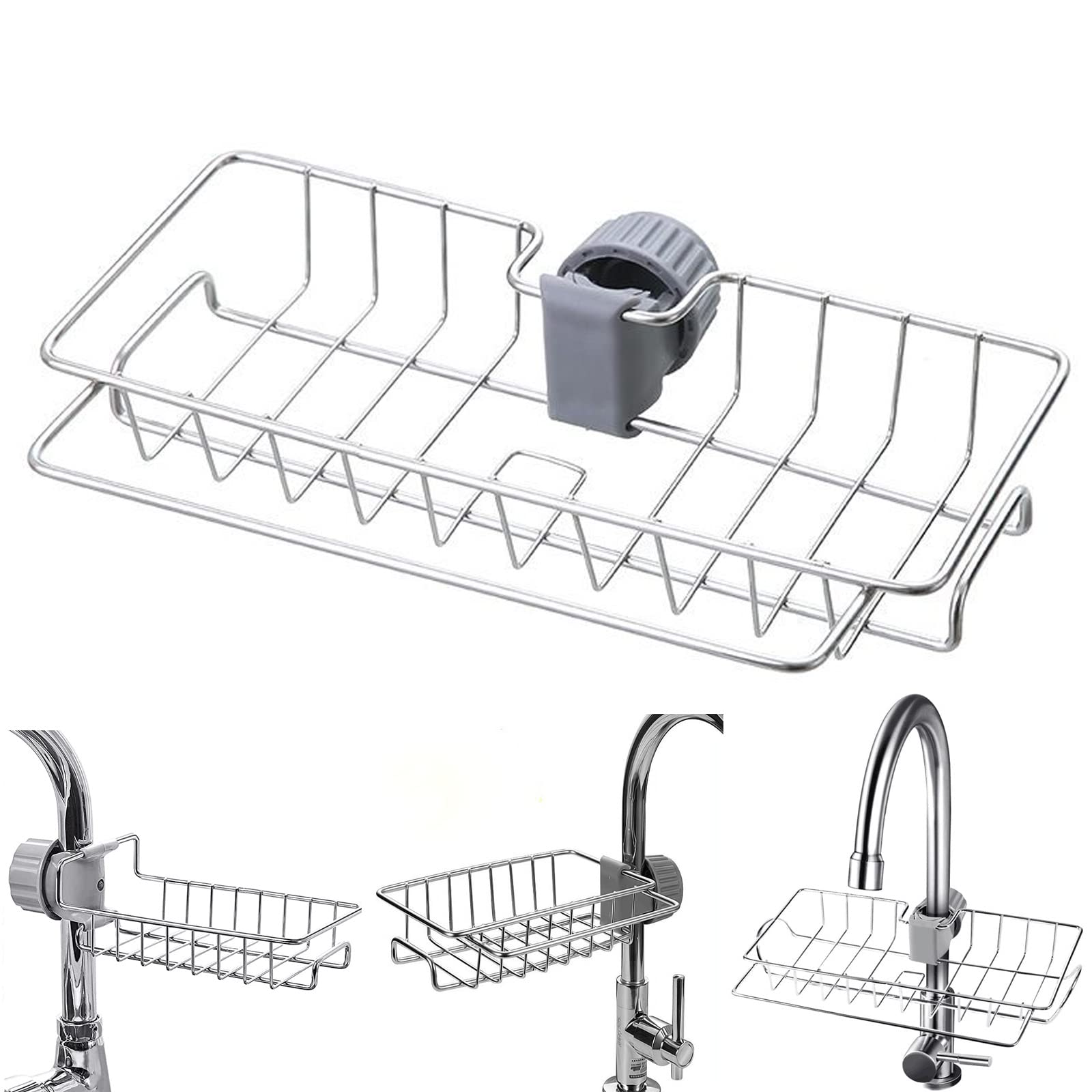 BIGSPINACH Sponge Holder for Kitchen Sink, Kitchen Sink Tray, Stainless Steel Detachable Hanging Faucet Drain Rack for Sponge, Dish Brush and Dish Towel, No Drilling, Farmhouse Sink Accessories