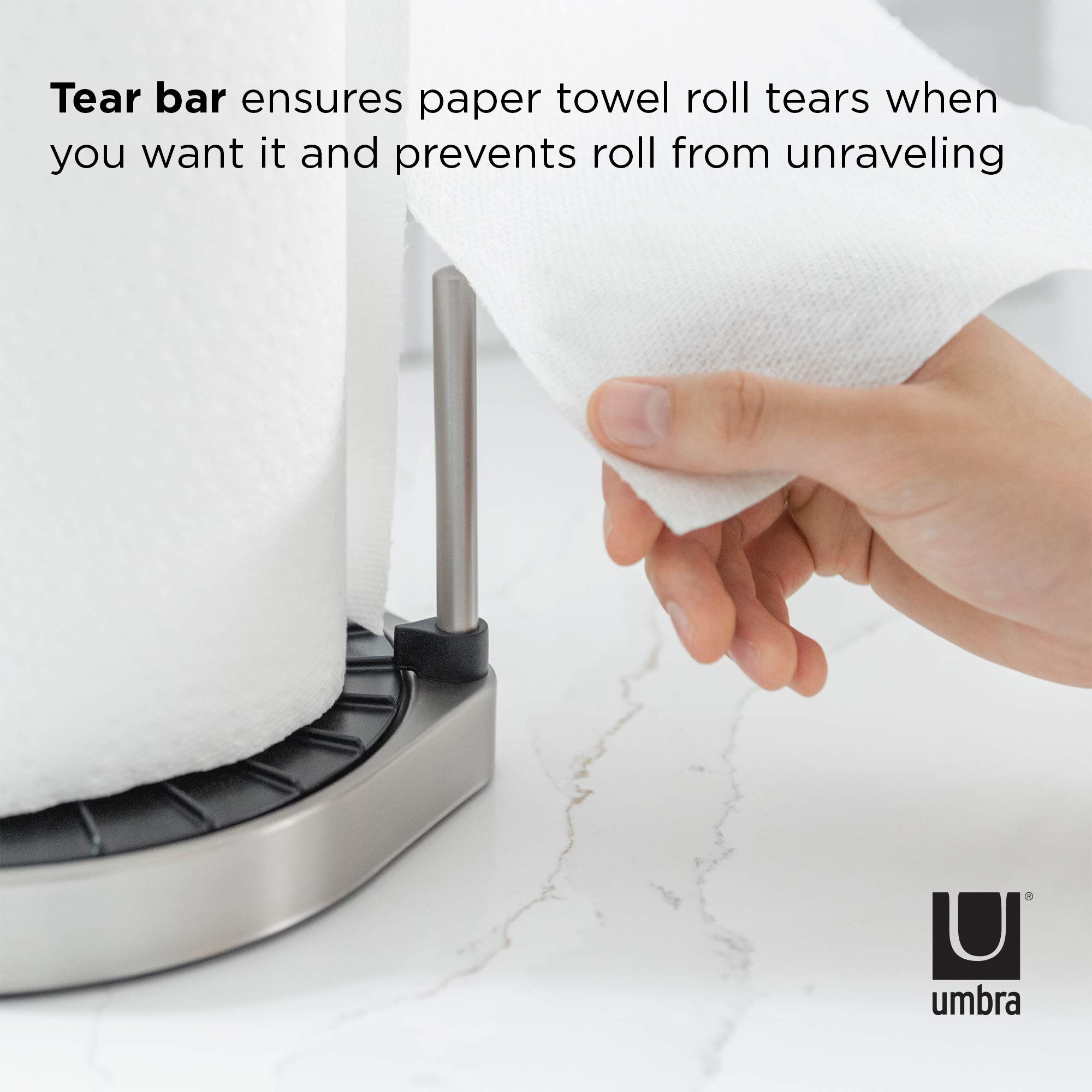 Umbra Spin Click N Tear Paper Towel Holder Stand for Countertop - One-Handed Tear, Nickel/Black