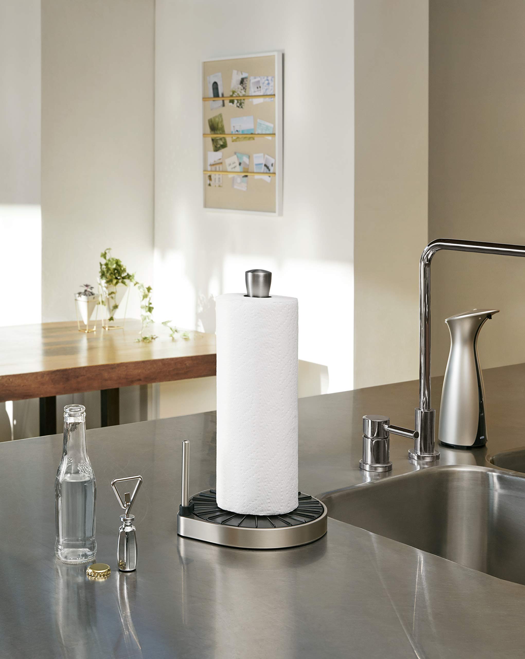 Umbra Spin Click N Tear Paper Towel Holder Stand for Countertop - One-Handed Tear, Nickel/Black
