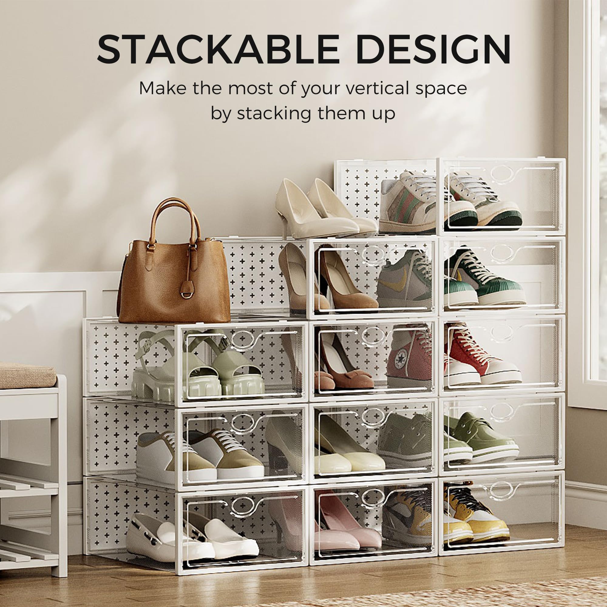 Pinkpum Shoe Storage Boxes, Shoe Organizer for Closet Clear, Shoe Boxes Clear Plastic Stackable, Folable Storage Bins with Lids,12 Pack