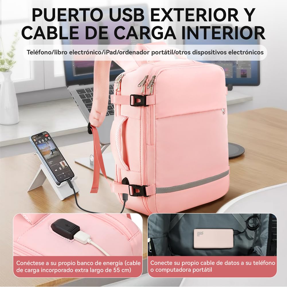 XJ-HOME Women Travel Laptop Backpack with USB Charging Port, Backpack for Traveling on Airplane with Laptop Compartment, Carry on Backpack Flight Approved with Luggage Strap, Fit for 15.6" Laptop,Pink