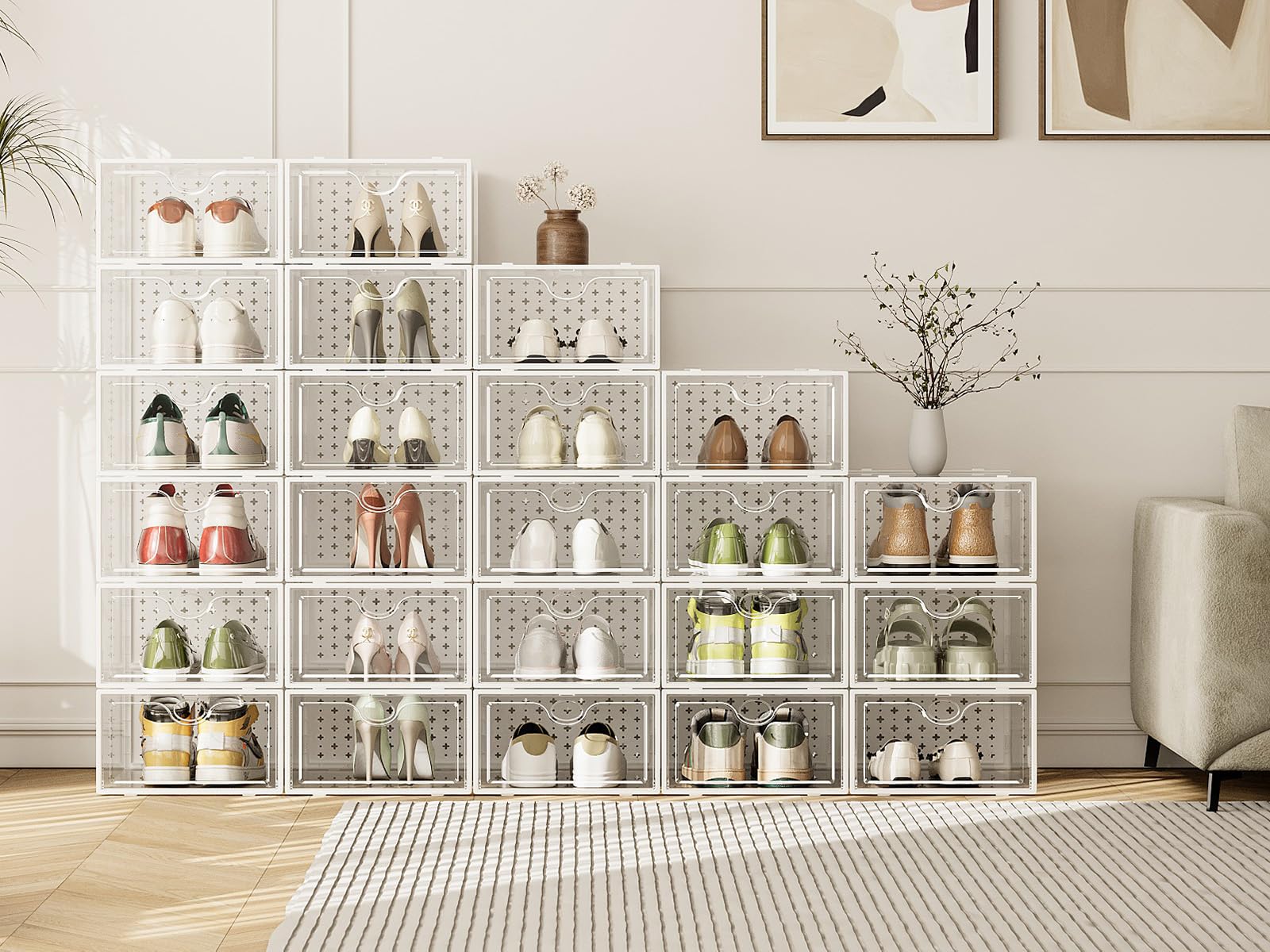 Pinkpum Shoe Storage Boxes, Shoe Organizer for Closet Clear, Shoe Boxes Clear Plastic Stackable, Folable Storage Bins with Lids,12 Pack