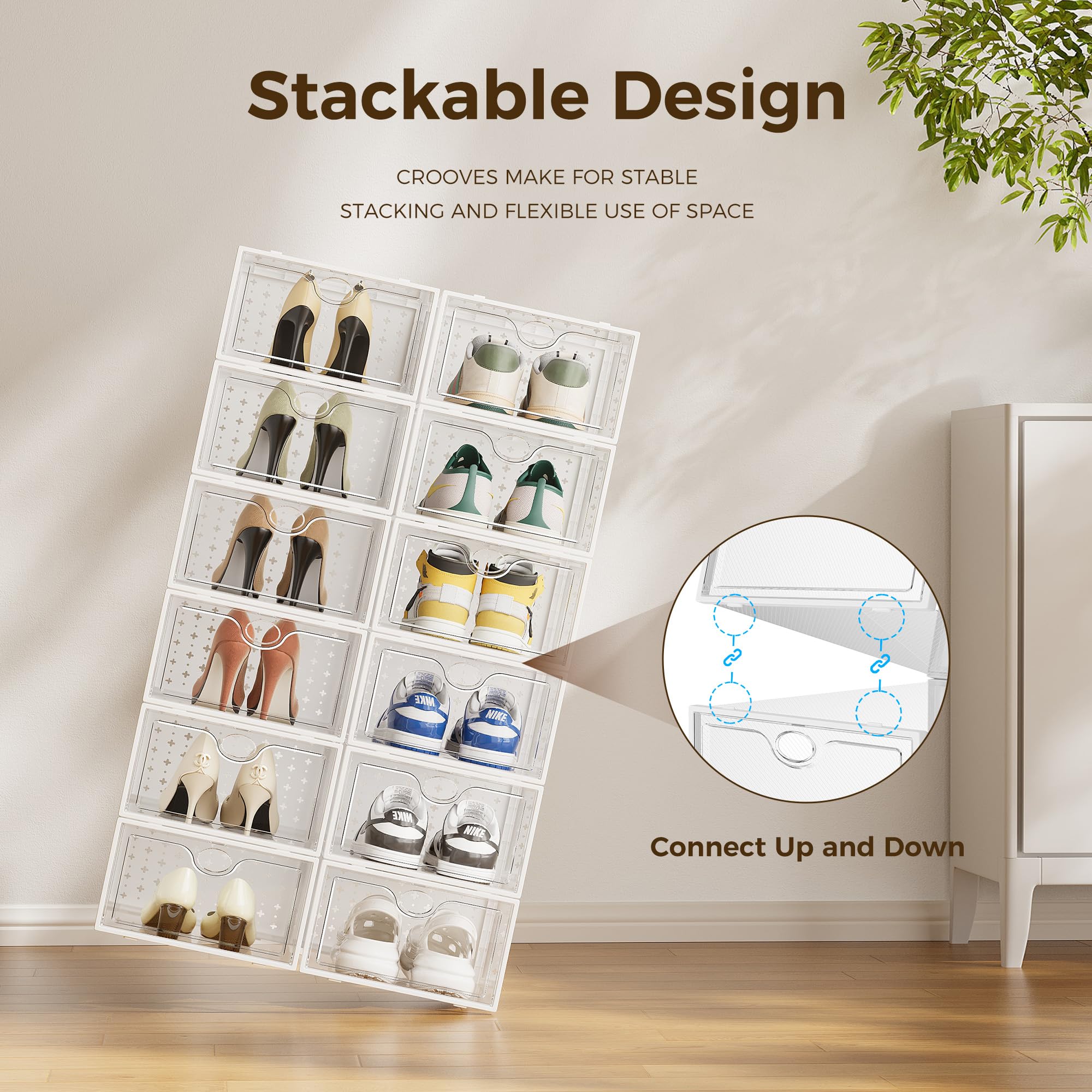 Pinkpum Shoe Storage Boxes, Shoe Organizer for Closet Clear, Shoe Boxes Clear Plastic Stackable, Folable Storage Bins with Lids,12 Pack