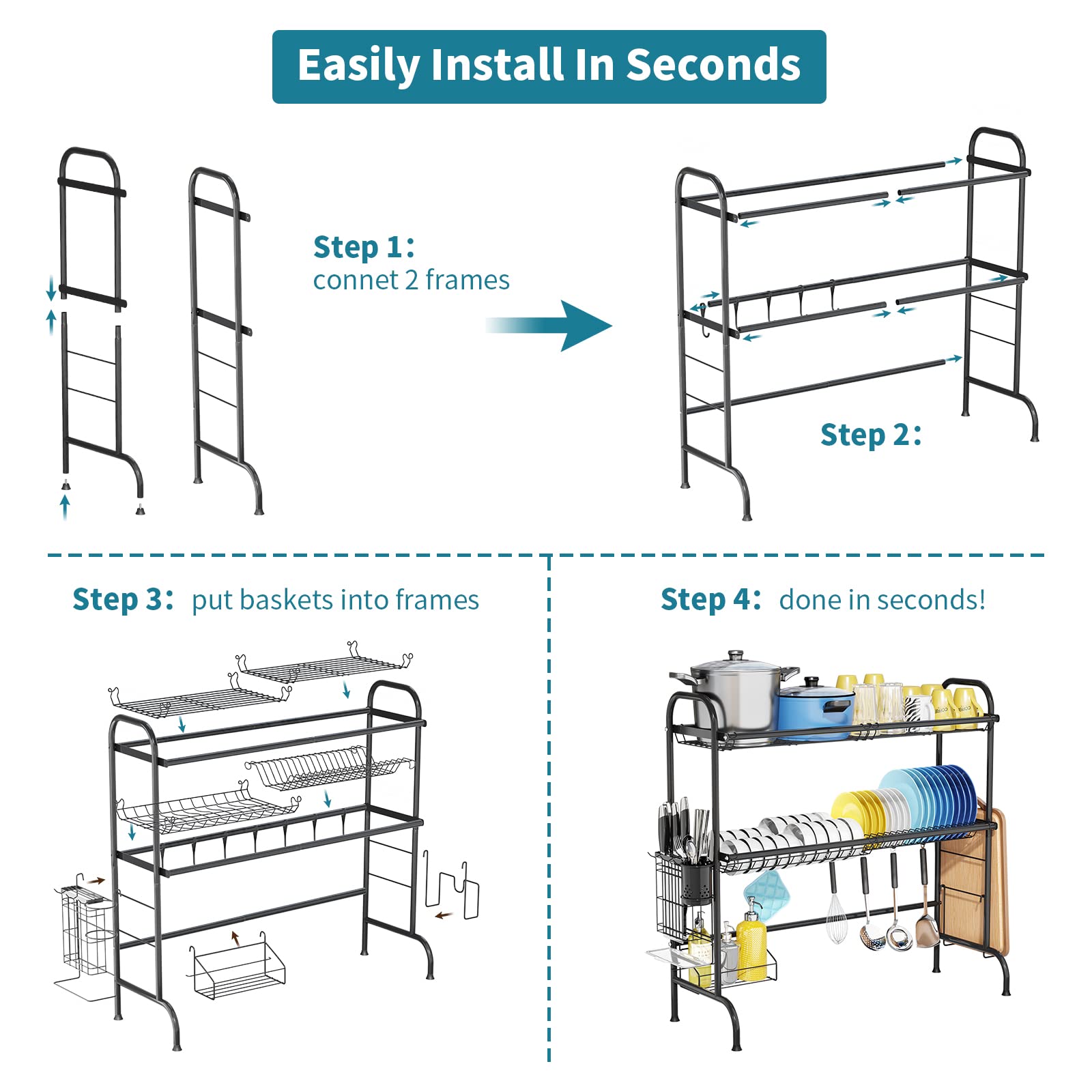 HOWDIA Over The Sink Dish Drying Rack, 2-Tier Stainless Steel Large Over The Sink Dish Rack with Utensil Holder Dish Drainers for Kitchen Counter