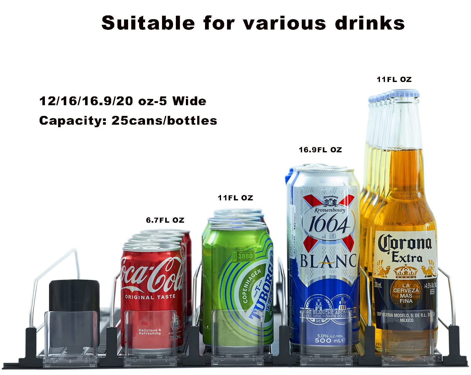 Jillmo Drink Organizer for Fridge, Self-Pushing Soda Can Organizer for Refrigerator, Width Adjustable Pusher Glide, Black, 5 Row