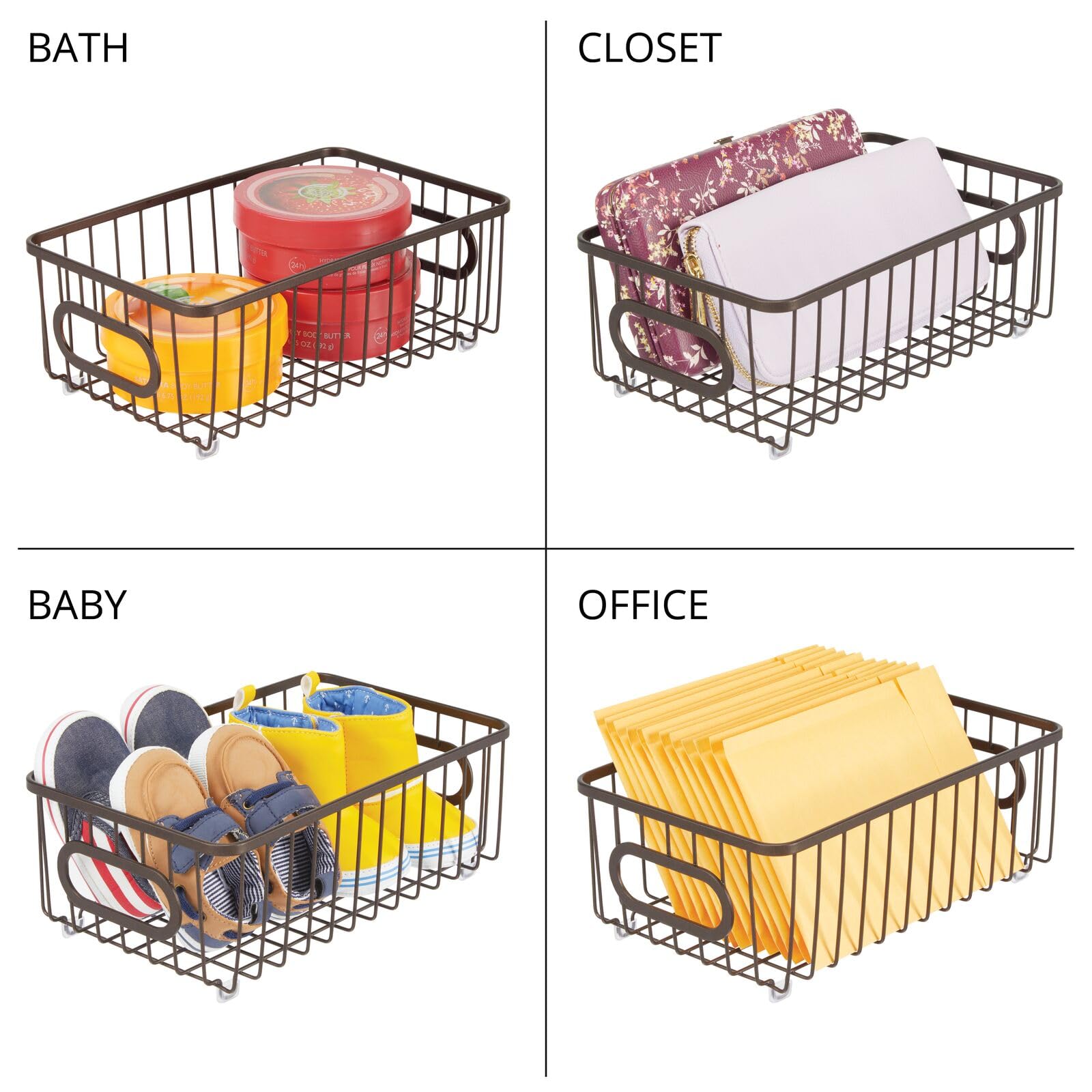 mDesign Farmhouse Decor Metal Wire Food Storage Organizer, Bin Basket for Kitchen, Pantry, Bathroom, Laundry Room, Closets, Garage - High - Small, 4 Pack - Bronze