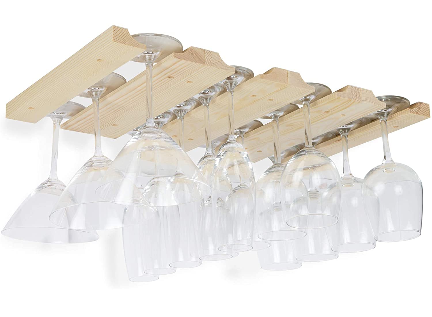 Rustic State Vigo 4 Sectional Adjustable Under Cabinet Mount Wood Stemware Rack Hanging Shelf Glassware Holder Bar Organizer with up to 12 Wine Glass Storage 11 Inch Deep Natural