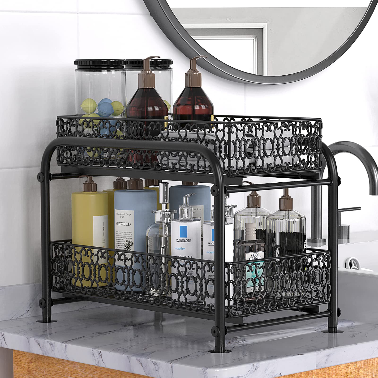 Pull Out Cabinet Organizer, 2-Tier Under Sink Organizer with Sliding Storage Basket Drawers, Metal Under Sink Organizers and Storage for Bathroom and Kitchen Under Sinks, Cabinets and Countertops