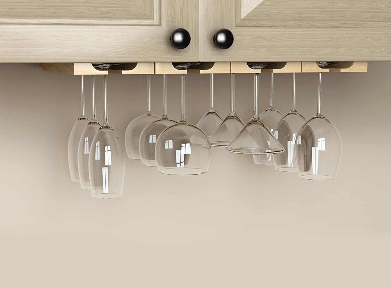Rustic State Vigo 4 Sectional Adjustable Under Cabinet Mount Wood Stemware Rack Hanging Shelf Glassware Holder Bar Organizer with up to 12 Wine Glass Storage 11 Inch Deep Natural