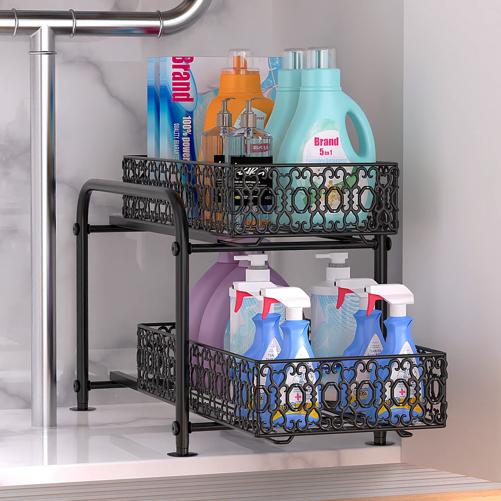 Pull Out Cabinet Organizer, 2-Tier Under Sink Organizer with Sliding Storage Basket Drawers, Metal Under Sink Organizers and Storage for Bathroom and Kitchen Under Sinks, Cabinets and Countertops